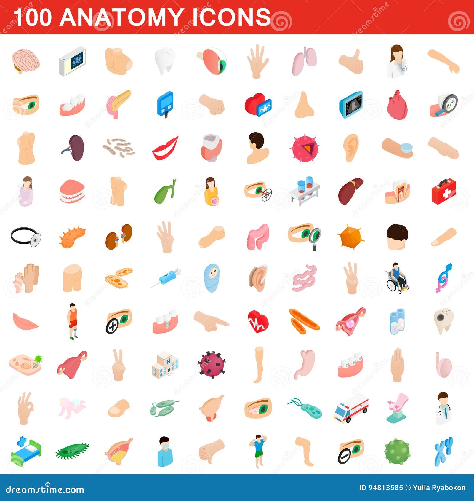 100 Anatomy Icons Set, Isometric 3d Style Stock Vector - Illustration ...