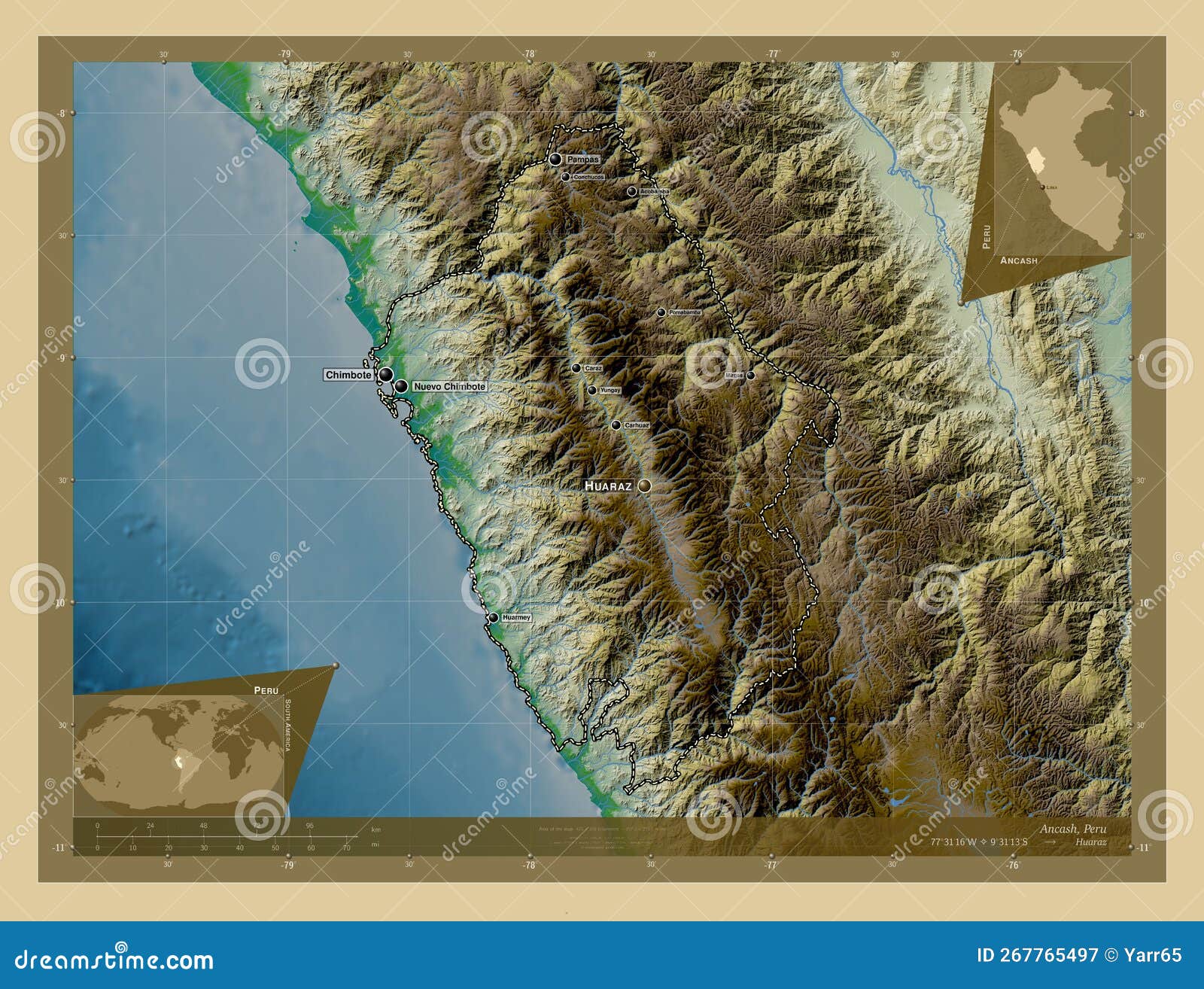 Ancash, Peru. Physical. Labelled Points of Cities Stock Illustration ...