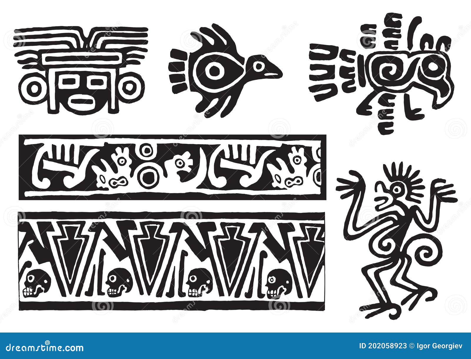 Ancent Mexican Tattoo Flash Set. Set of Aztec Labels and Elements ...