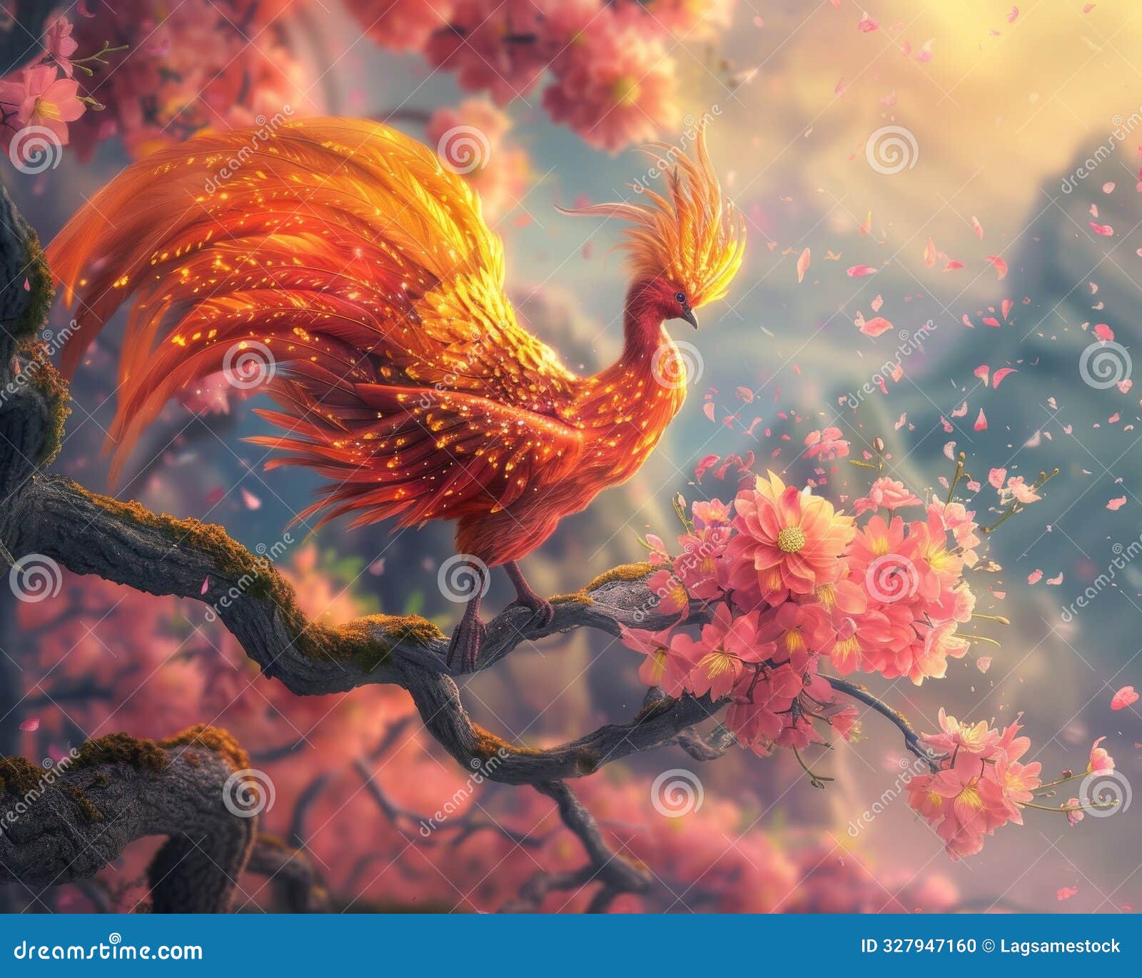 Ancestral Phoenix Resting on an Enchanted Walnut Tree in Bloom Stock ...