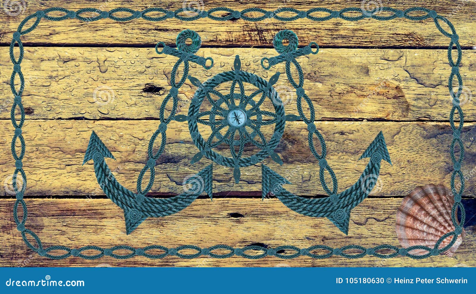 Anchor Compass and Ship Steering Wheel on Wooden Board Stock Photo ...