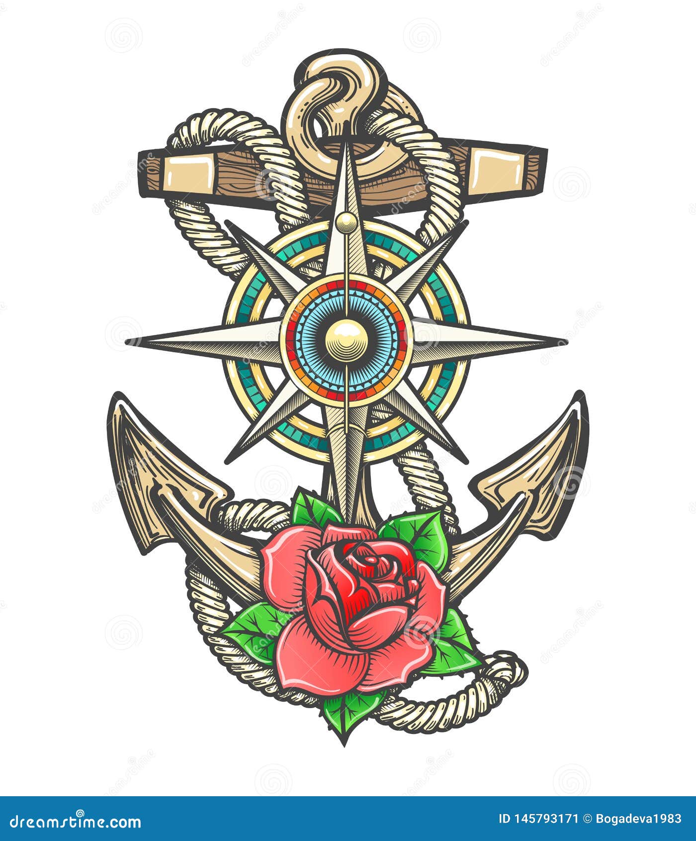 Anchor with Compass Wind Rose and Rose Flower Stock Vector ...