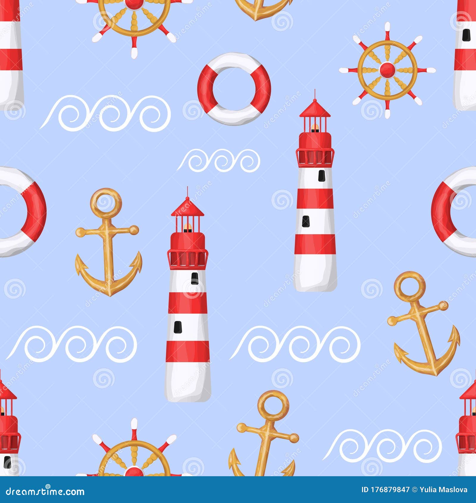 Anchor, Lighthouse, Ship Steering Wheel, Waves. Seamless Pattern Stock ...