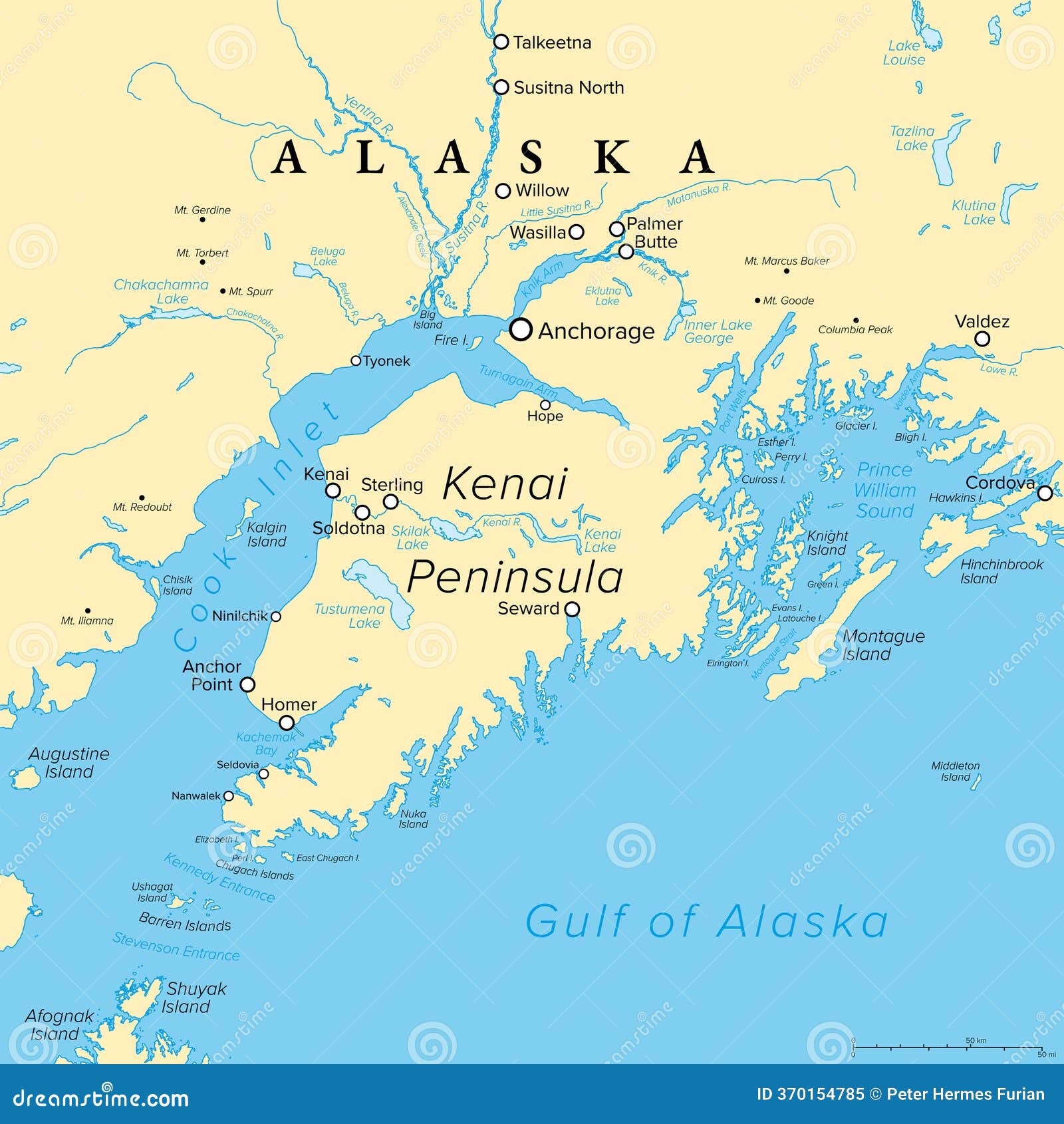 Anchorage And Kenai Peninsula, Alaska, Gray Political Map Vector ...
