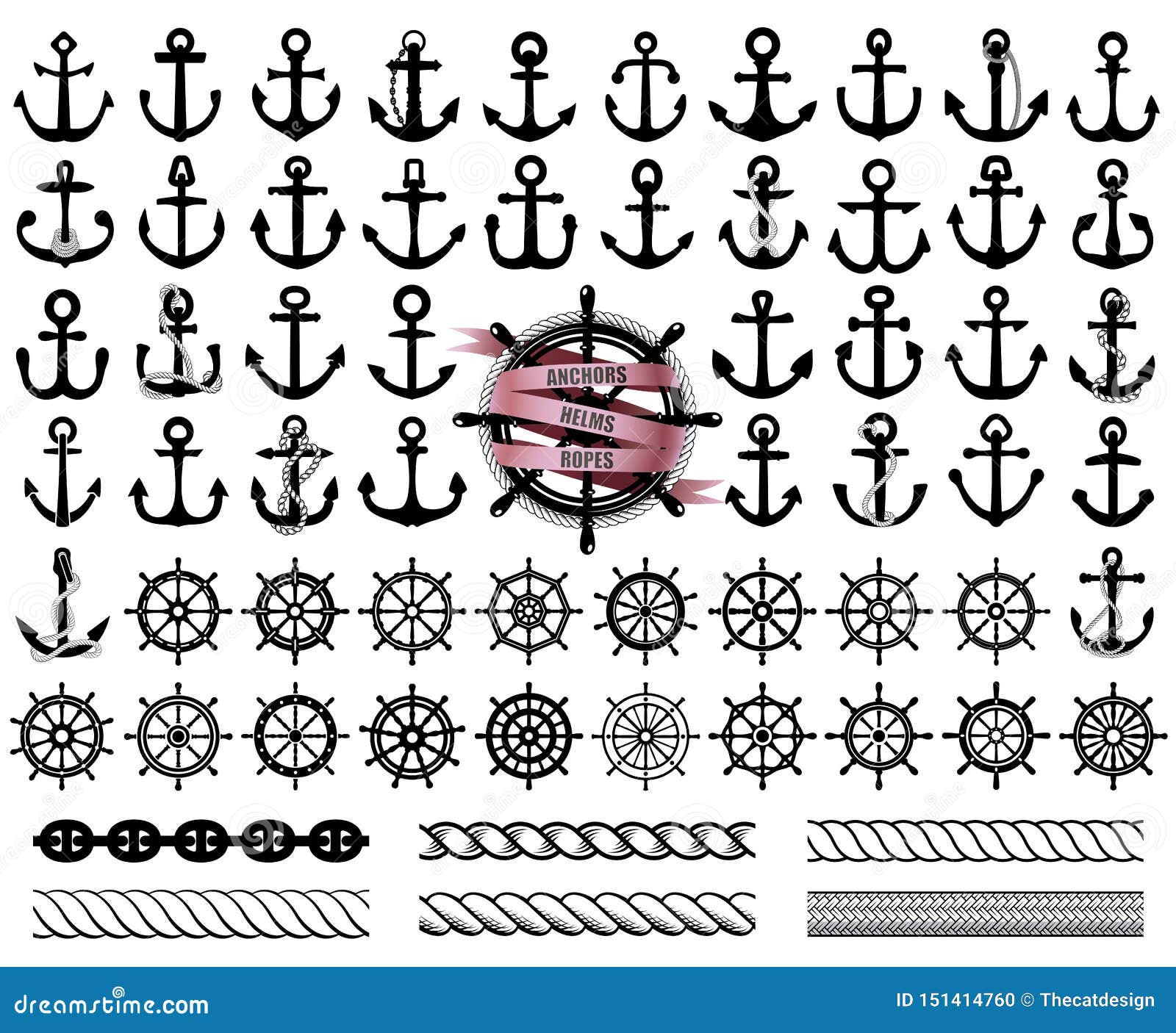 Anchors, Rudders And Ropes Vector Set. Black White Doodle Sketch ...