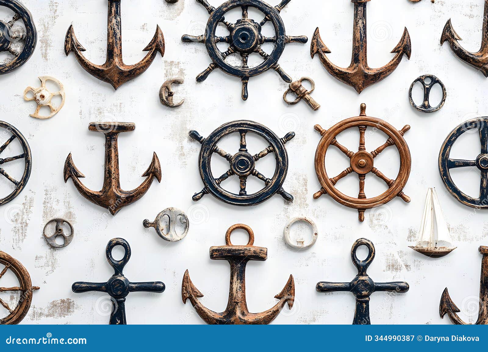 Anchors and Ship Wheels Arranged in a Repeating Pattern on a White ...