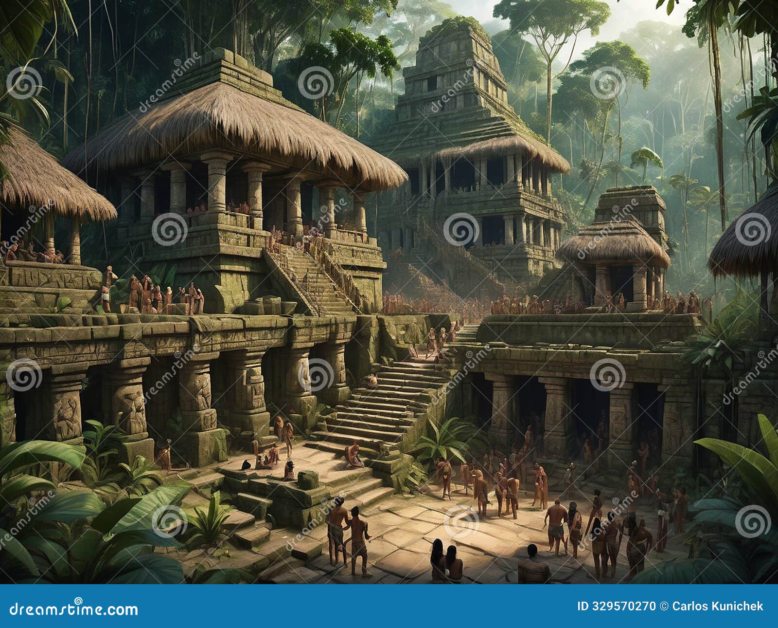 Ancient Amazon Civilization with Ancient Buildings and Groups of People ...