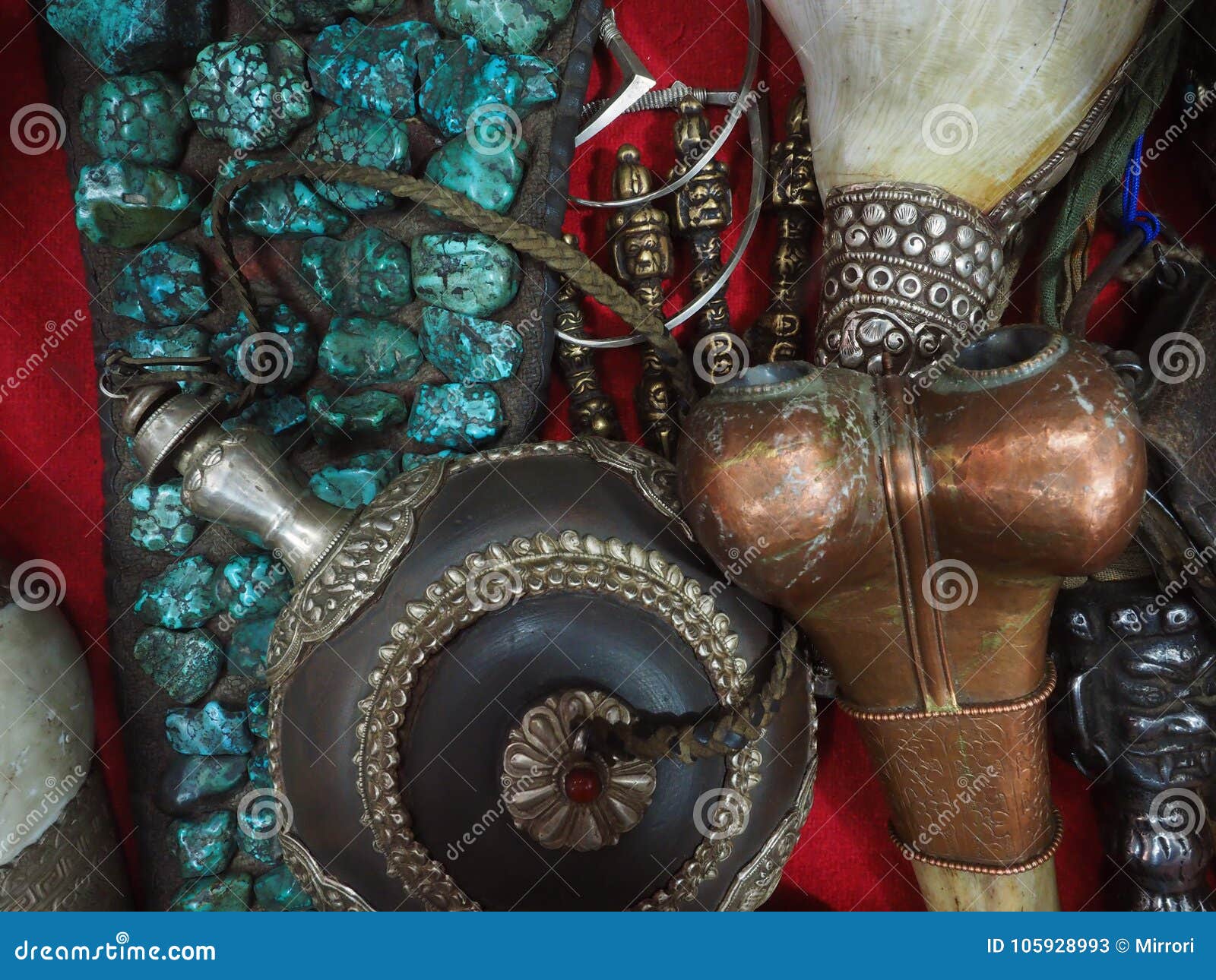 Ancient Antique Buddhist Objects of Worship: Turquoise Stones, Flask ...