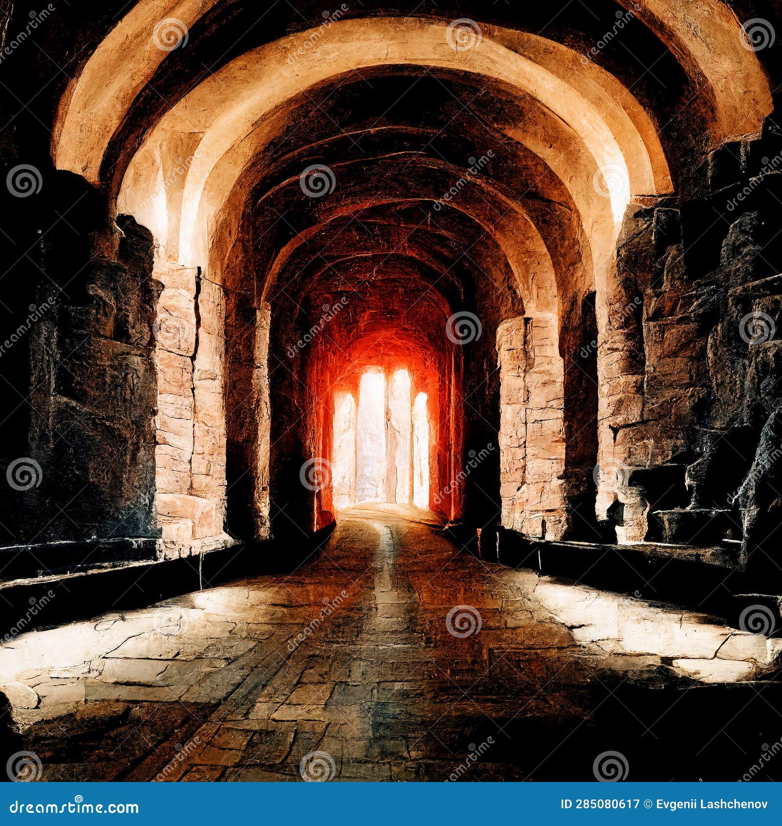 Ancient Arched Stone Corridor. at the End of the Corridor Spots of ...