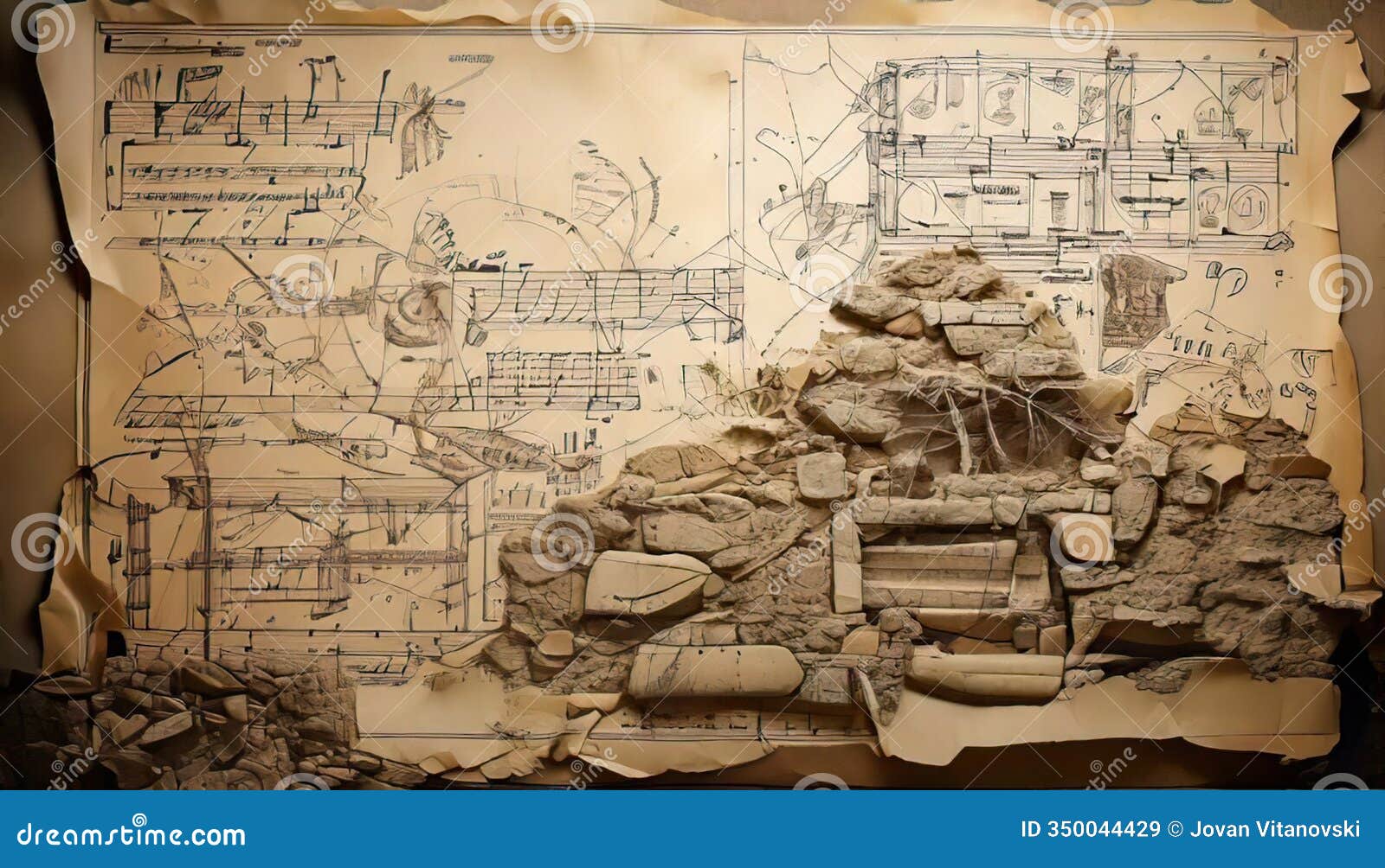 Ancient Architectural Collage with Stone Elements and Detailed Sketches ...