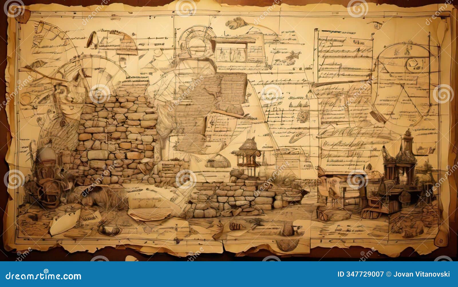 Ancient Architectural Sketches Collage with Stone Wall and Old Notes ...