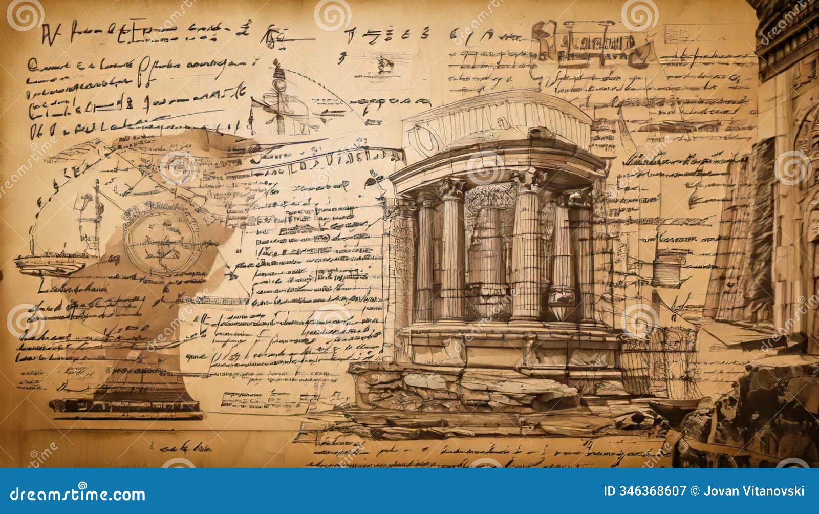 Ancient Architectural Sketches and Notes Collage Art Stock Illustration ...