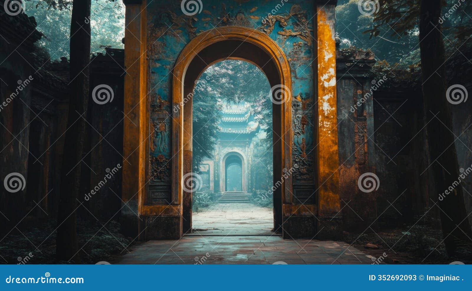 Ancient Archway Leads To Serene Temple Pathway Stock Illustration ...