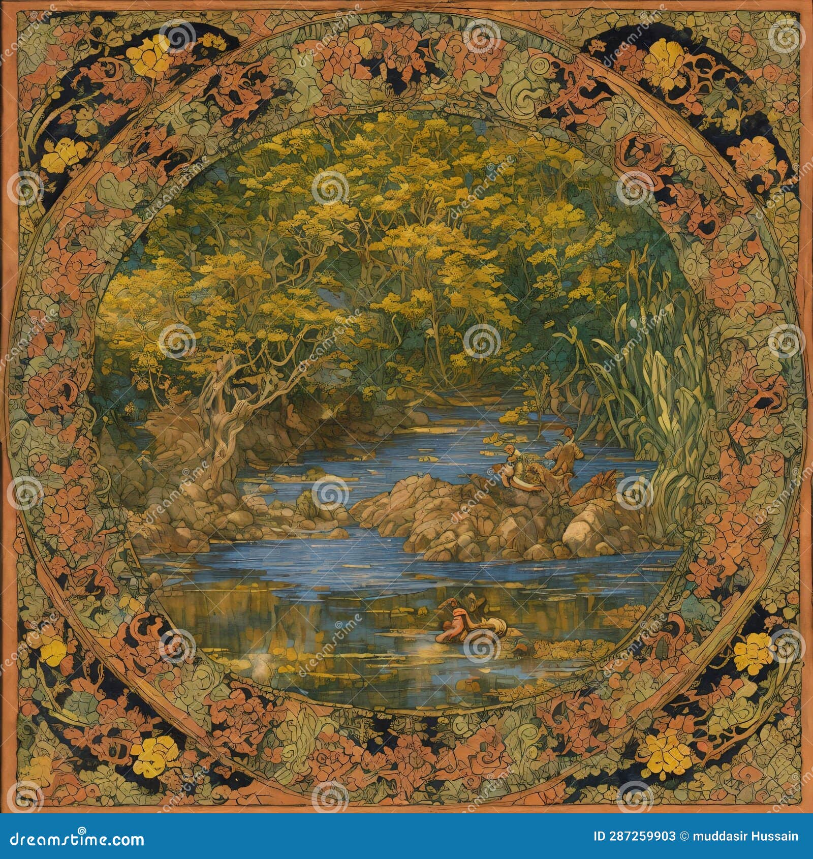 An Ancient Art of the pond stock illustration. Illustration of tree ...