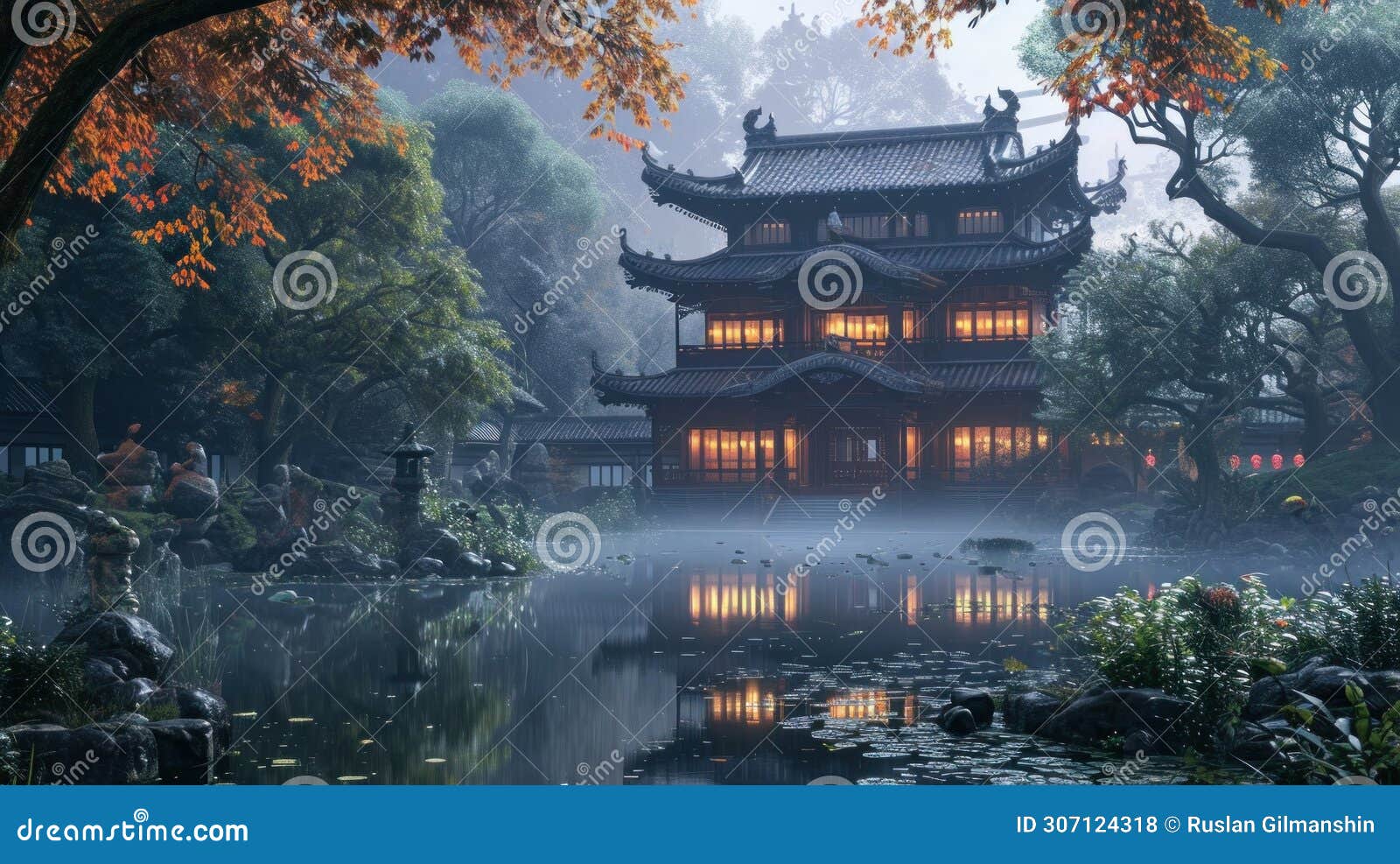 Ancient Asian Castle with Reflection on a Pond Stock Photo - Image of ...