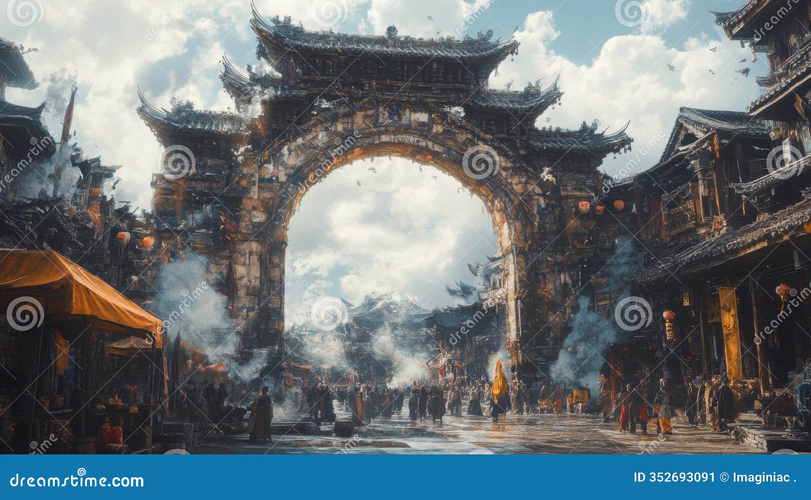 Ancient Asian City Gate Archway Scene Stock Illustration - Illustration ...