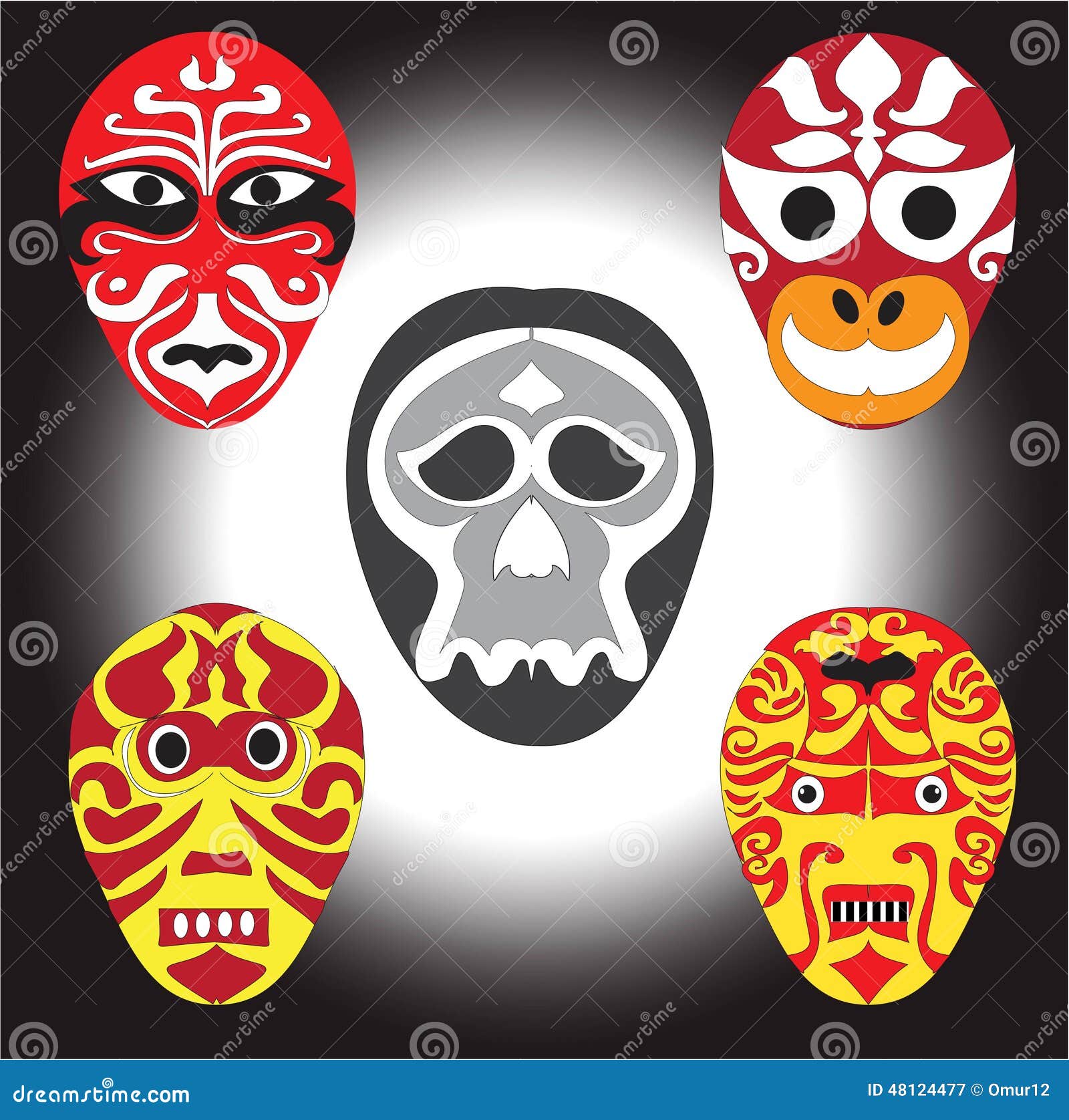 Ancient Asian Style Masks and Skull Logo Stock Illustration ...
