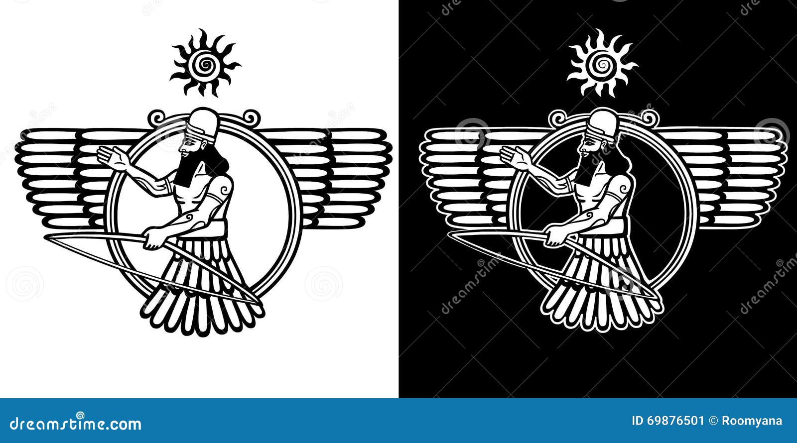 Ancient Assyrian Deity Winged Archer. Black and White Option. Stock ...