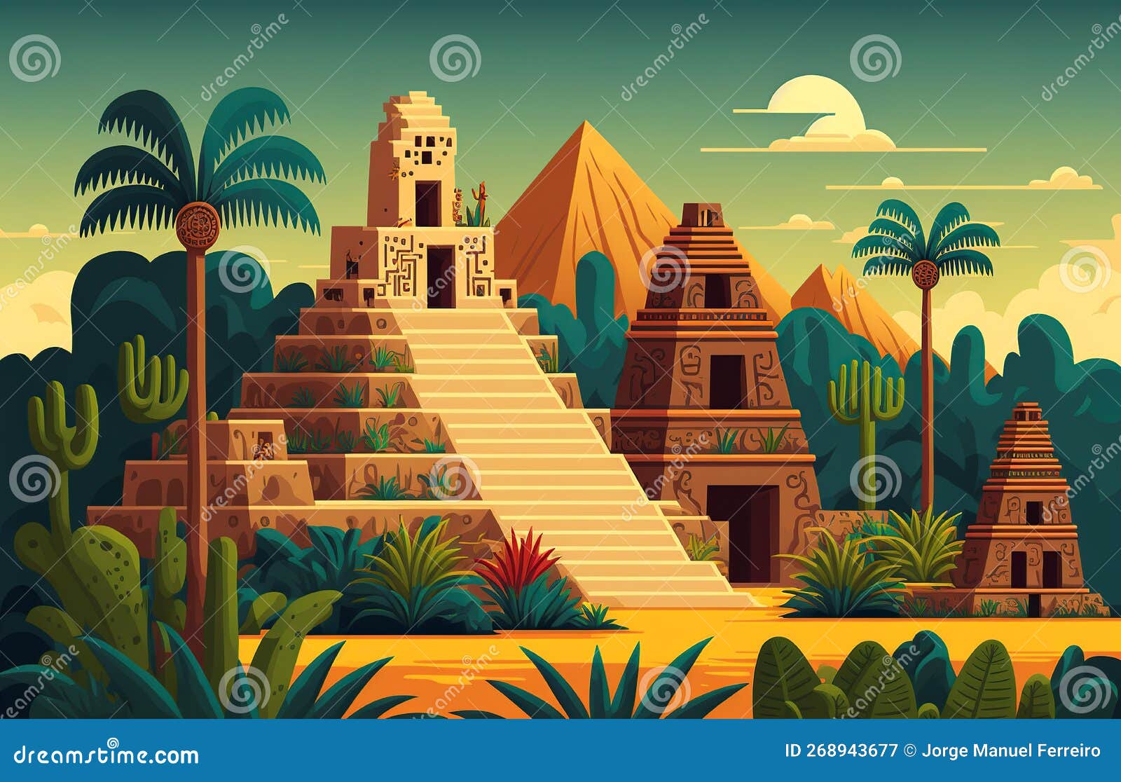 Ancient Aztec Cartoon Illustration, Pyramid, Temple and Statues ...