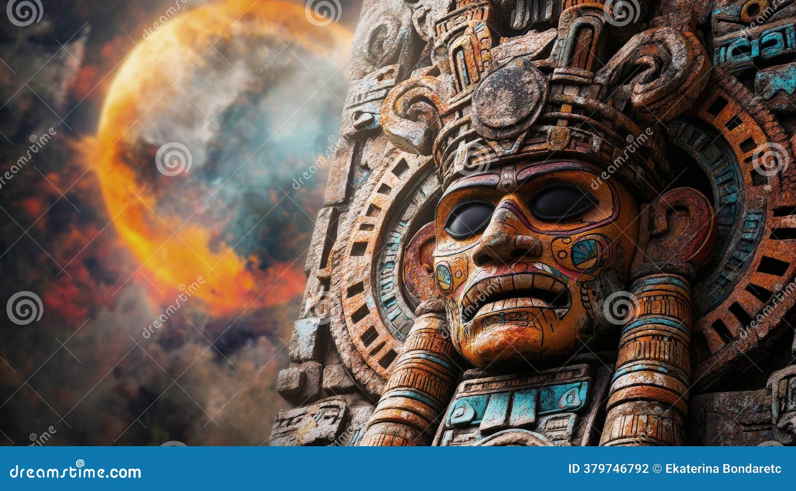 Ancient Aztec Stone Face Sculpture With Eclipse And Fire Sky Background ...