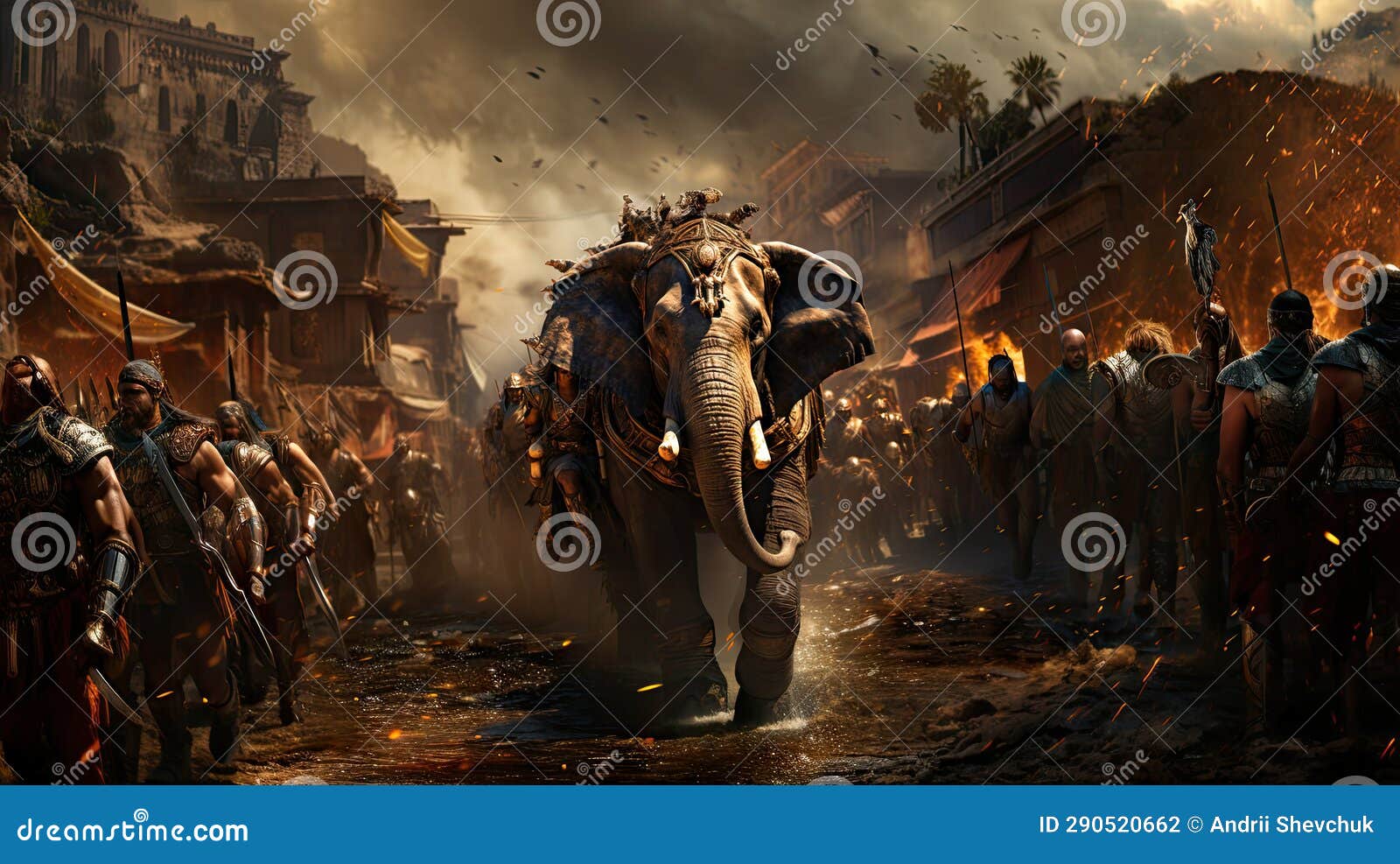 Ancient Battle with Elephant Scene. Warriors Stock Illustration ...