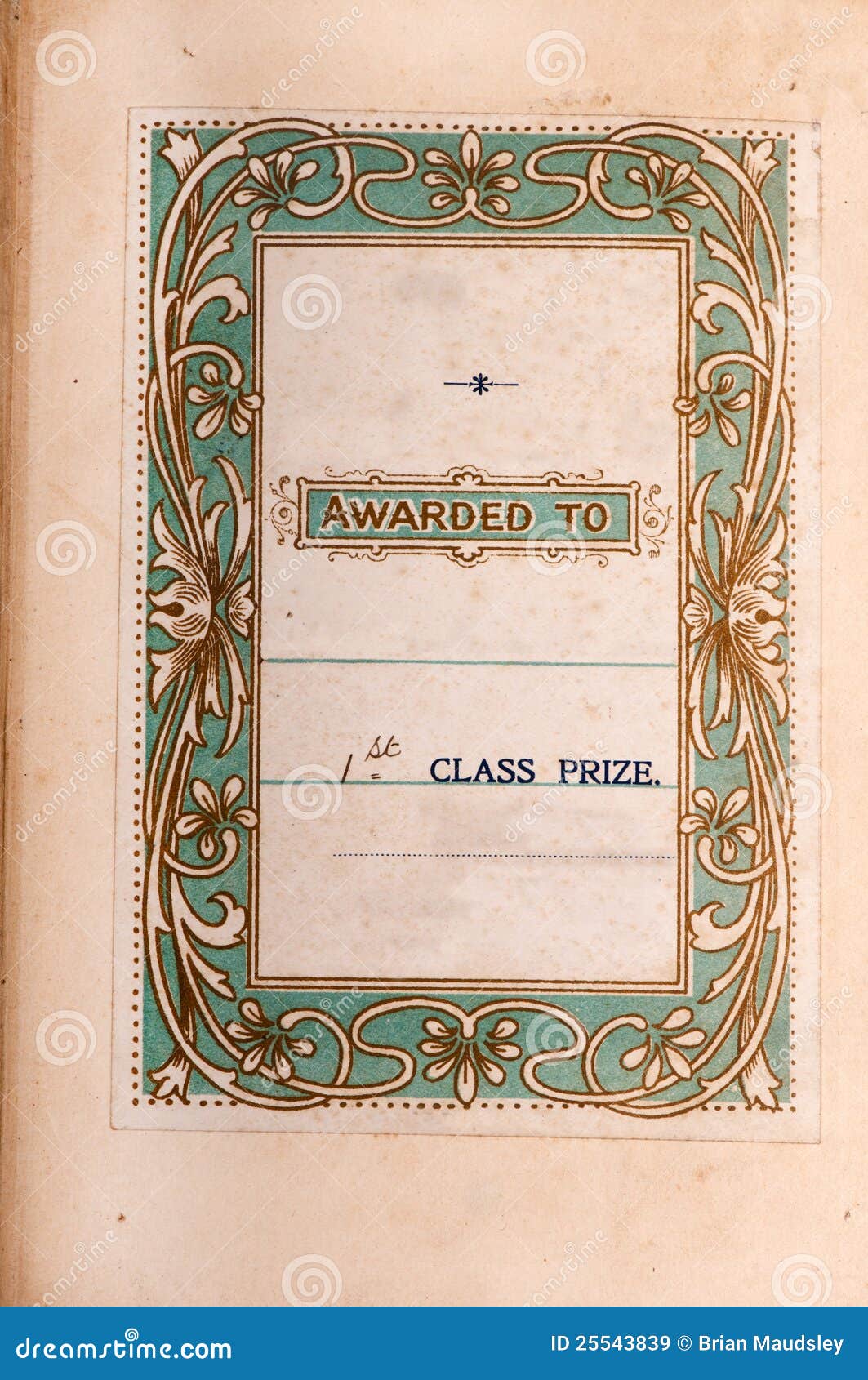 Ancient Book First Prize Dedication Label Stock Image - Image of aging ...