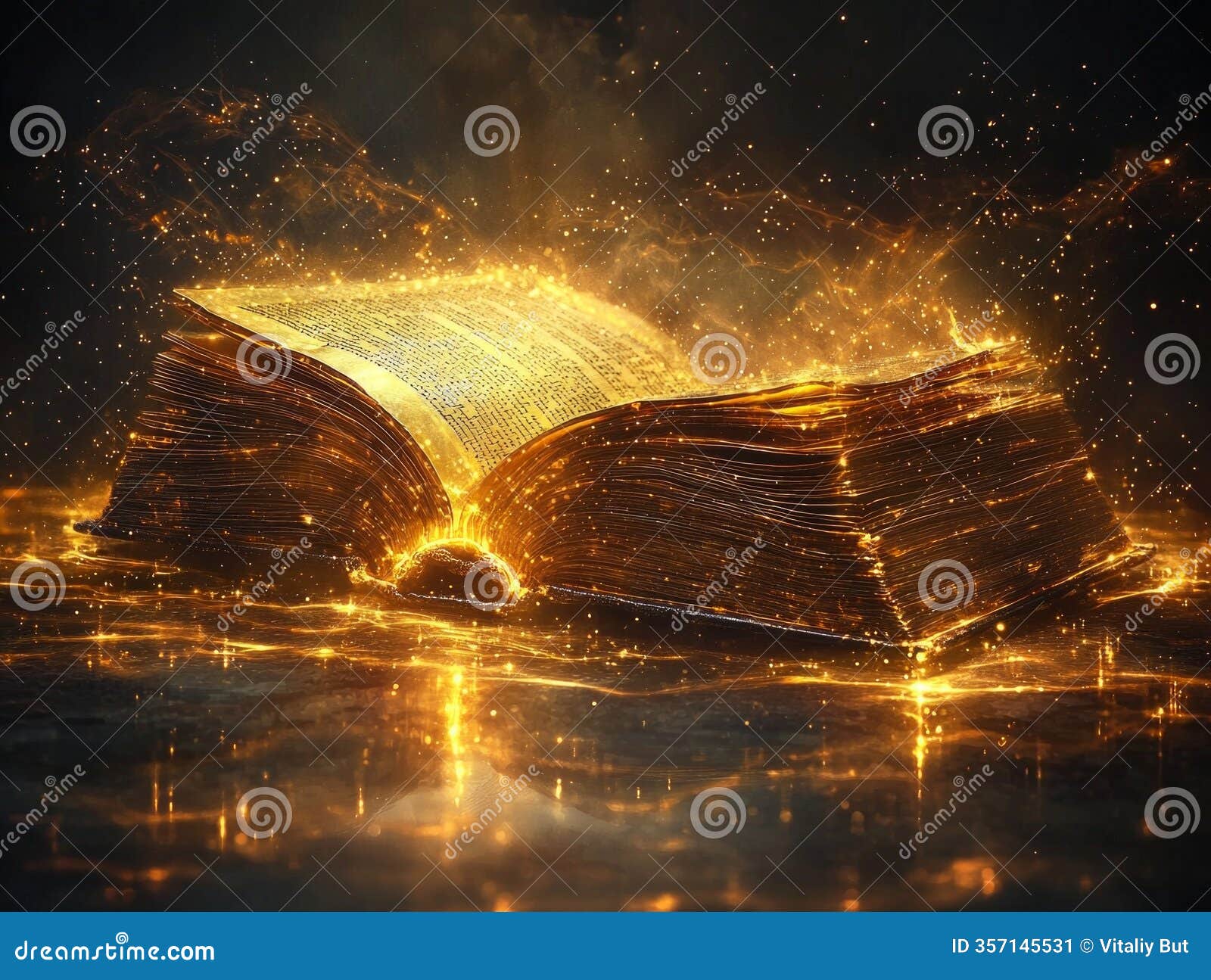 Ancient Book Opens Display Glowing Golden Text Symbolizing Divine ...