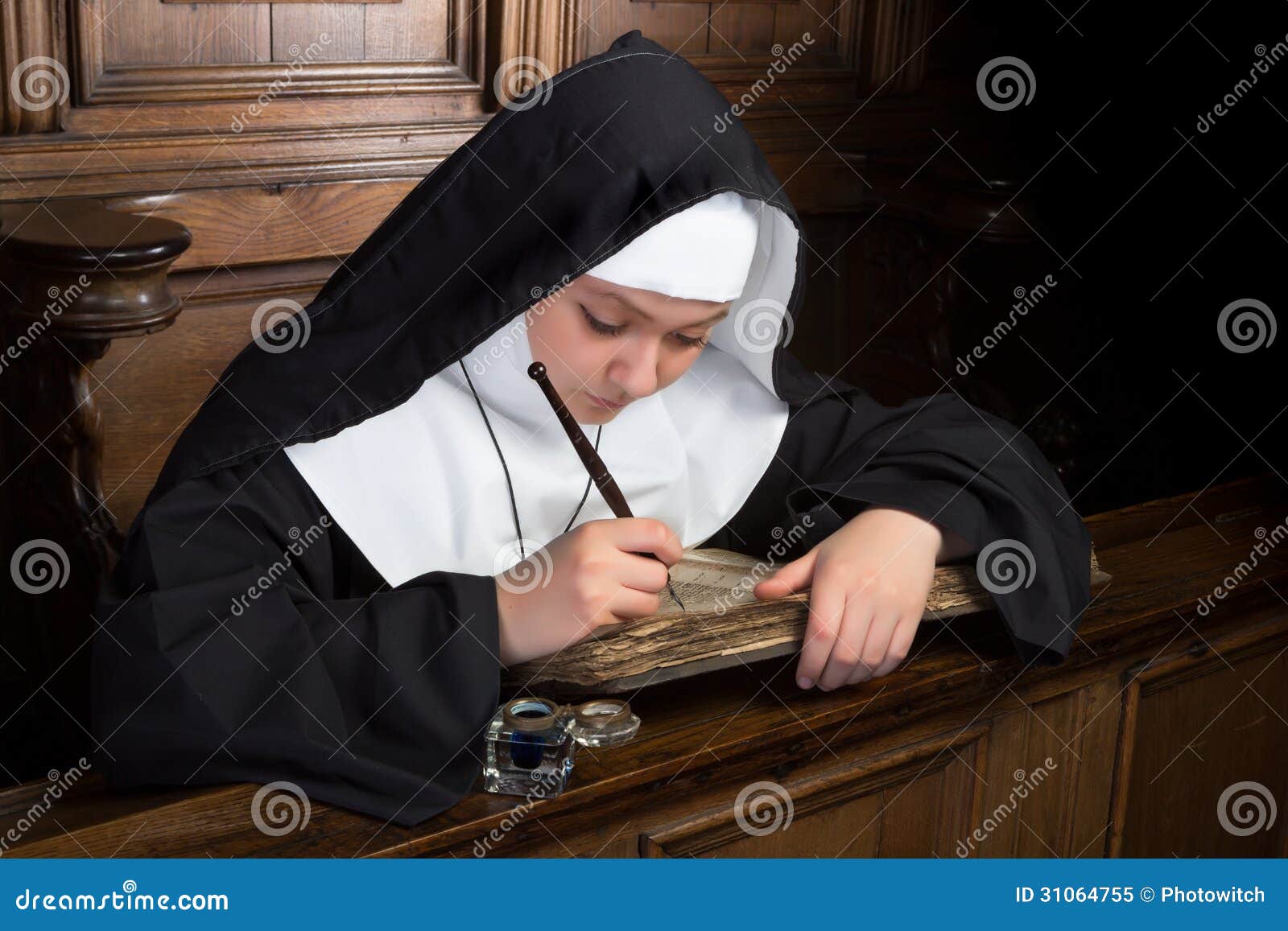 Ancient book and young nun stock image. Image of black - 31064755