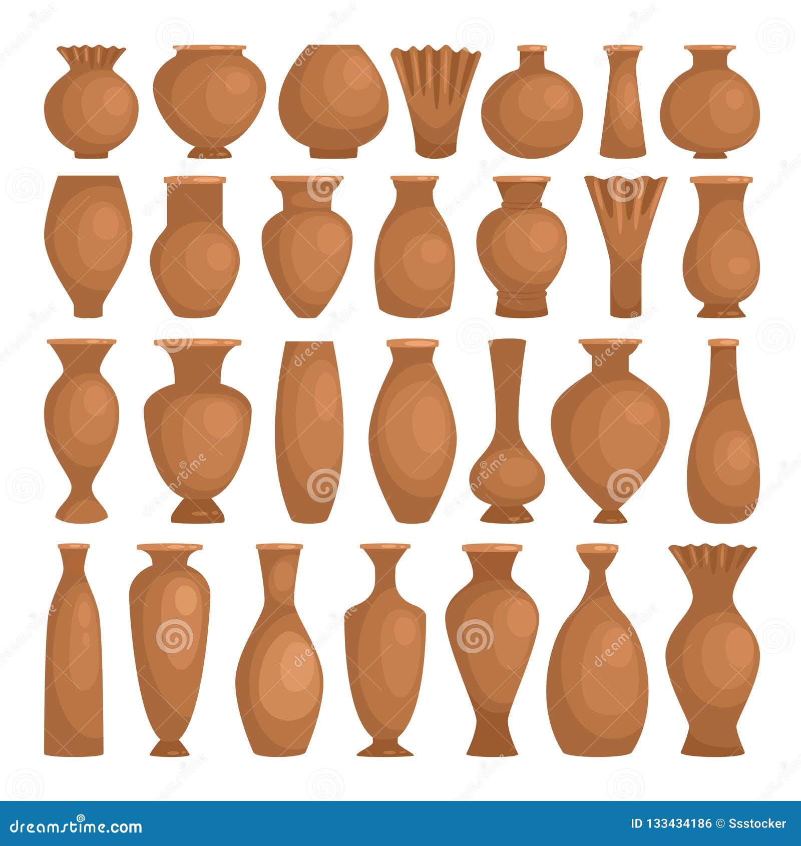 Ancient Bowls Decorative Clay. Vector Ceramic Rustic Vases Isolated On ...