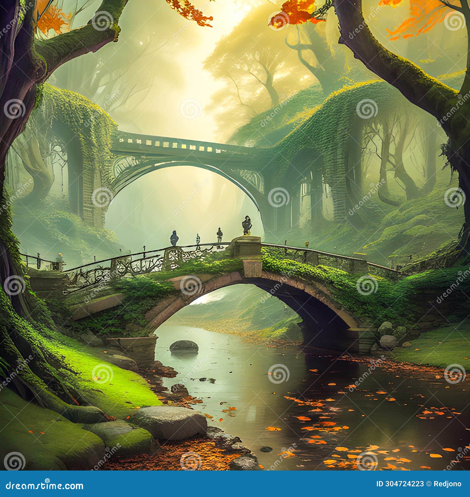 Ancient Bridge Over Quiet River in Fantasy Forest Setting Stock ...