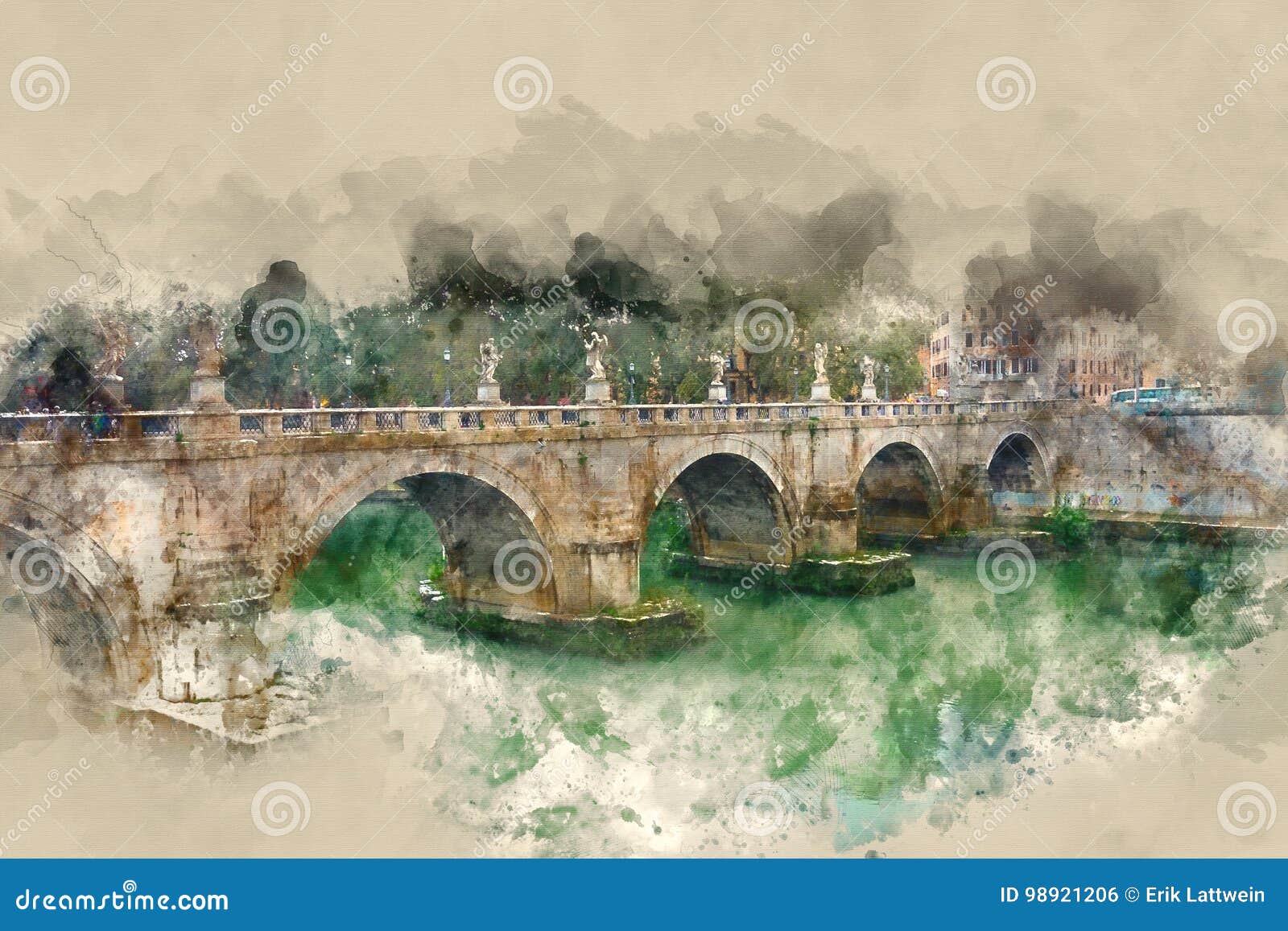 Ancient Bridges Over River Tiber in Rome Stock Illustration ...