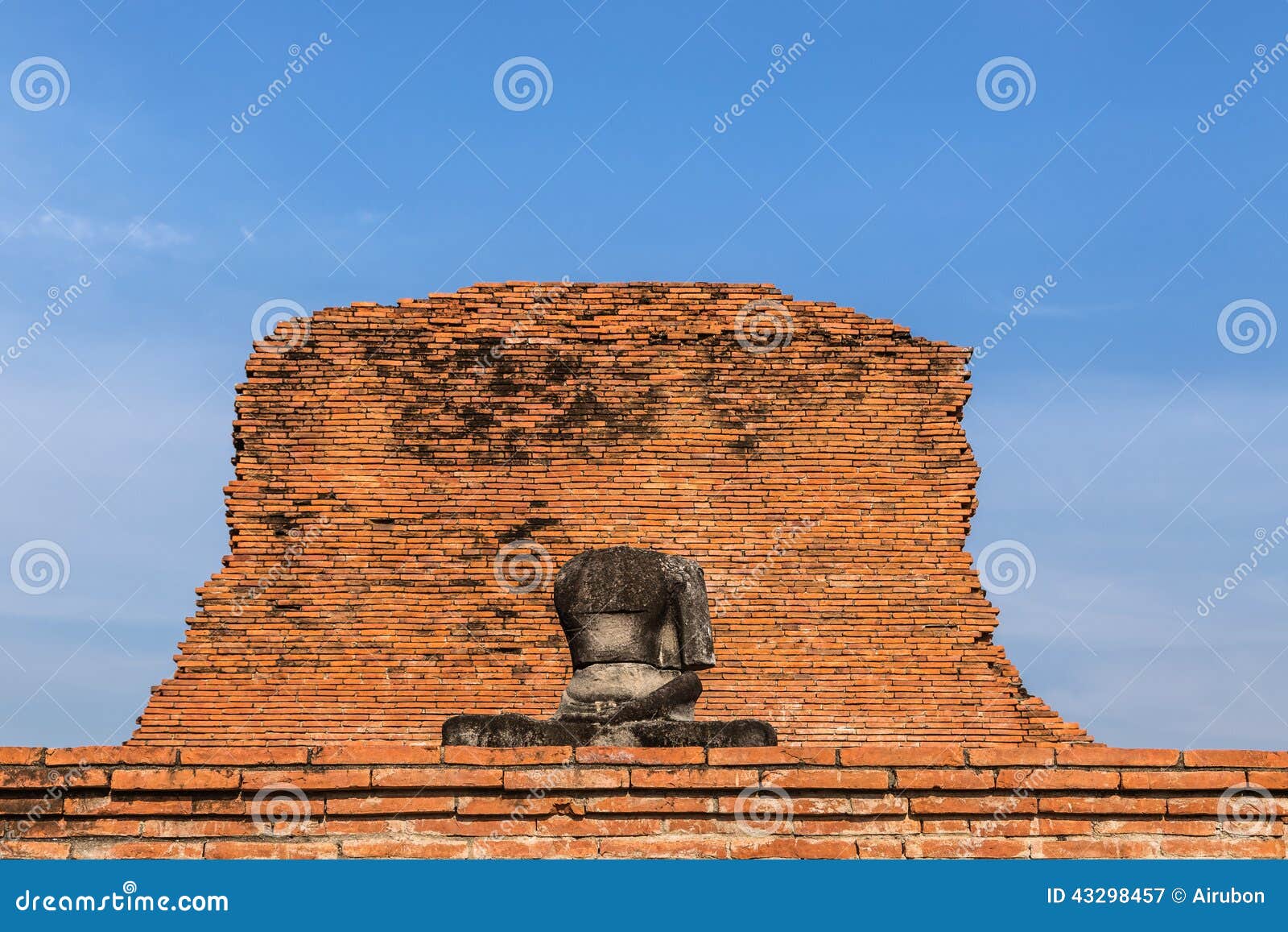 Ancient Buddha Sandstone Statue without Head Front Ruins Bricks Wall ...