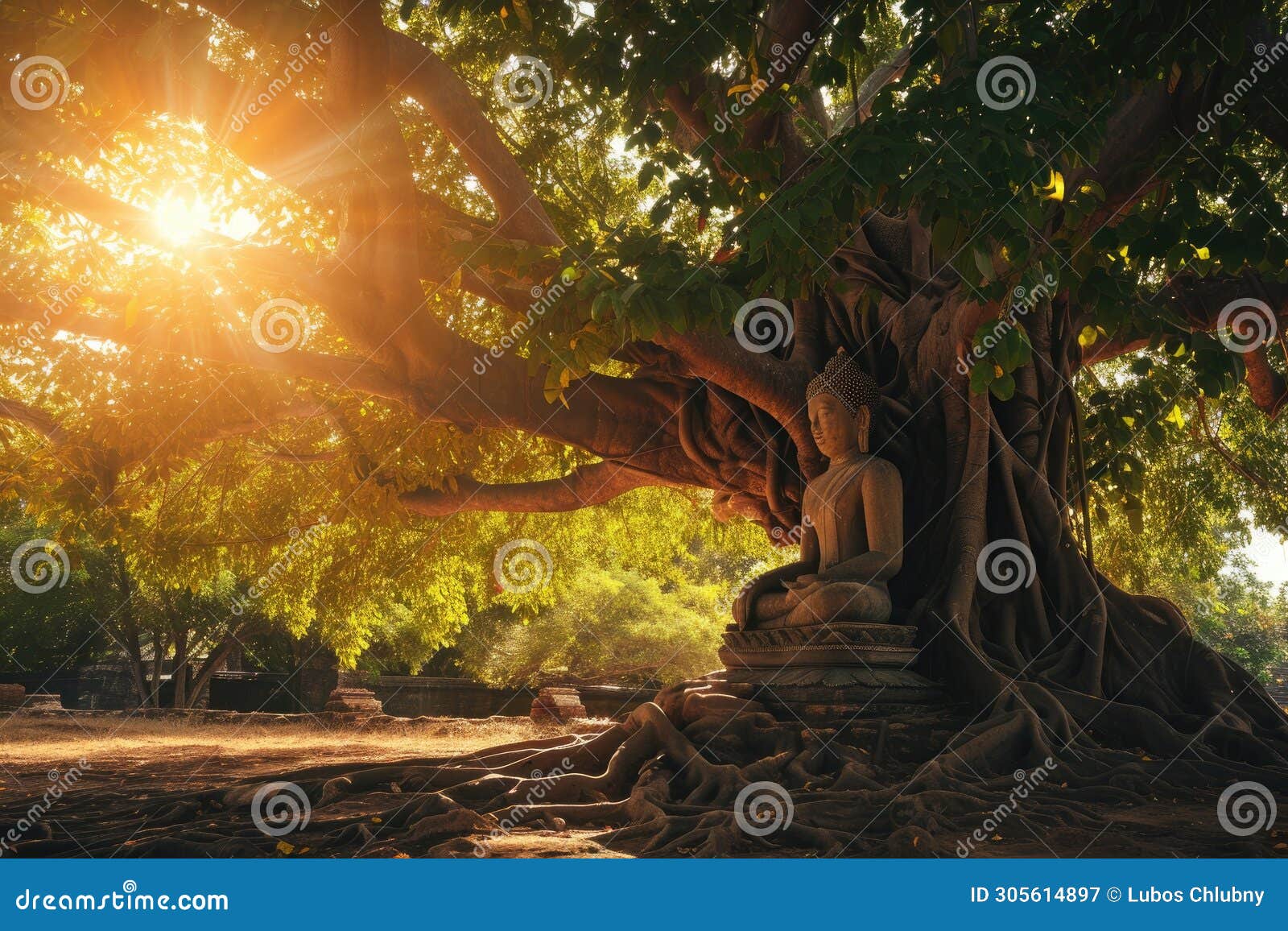 Ancient Buddha Statue Under Big Tree Stock Illustration - Illustration ...