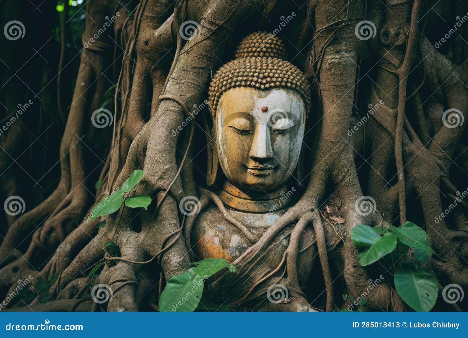 Ancient Buddha Statue Under Big Tree. Stock Illustration - Illustration ...