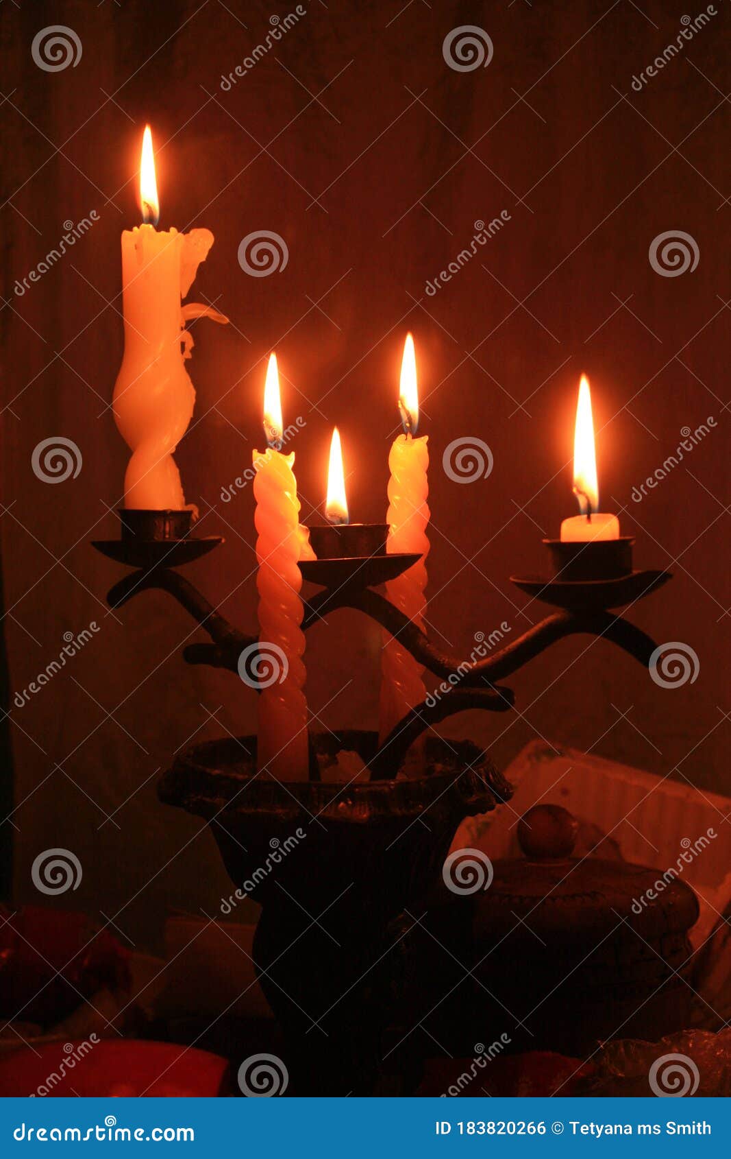 Ancient Candlestick with Burning Candles Stock Photo - Image of spot ...