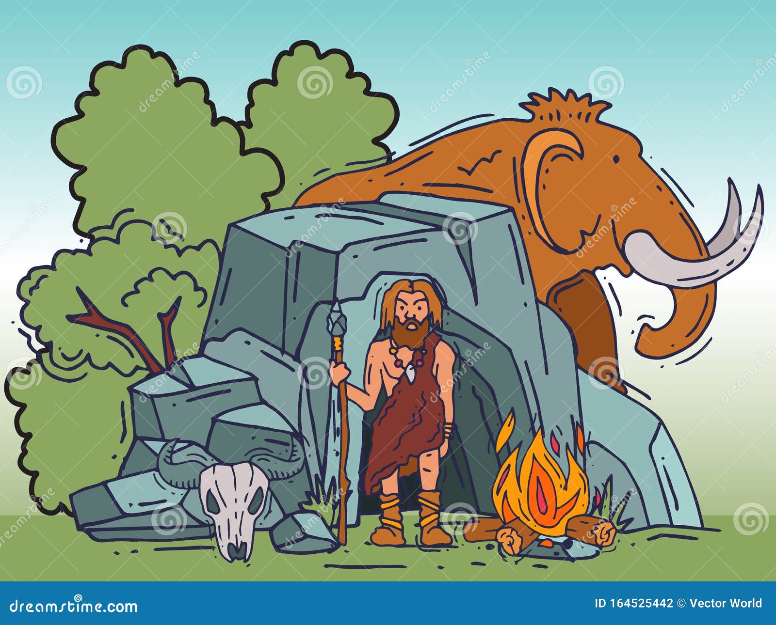 Ancient Cartoon Caveman Standing Near His Cave Vector Illustration ... Ancient Cartoon Caveman Standing Near His Cave Vector Illustration ...