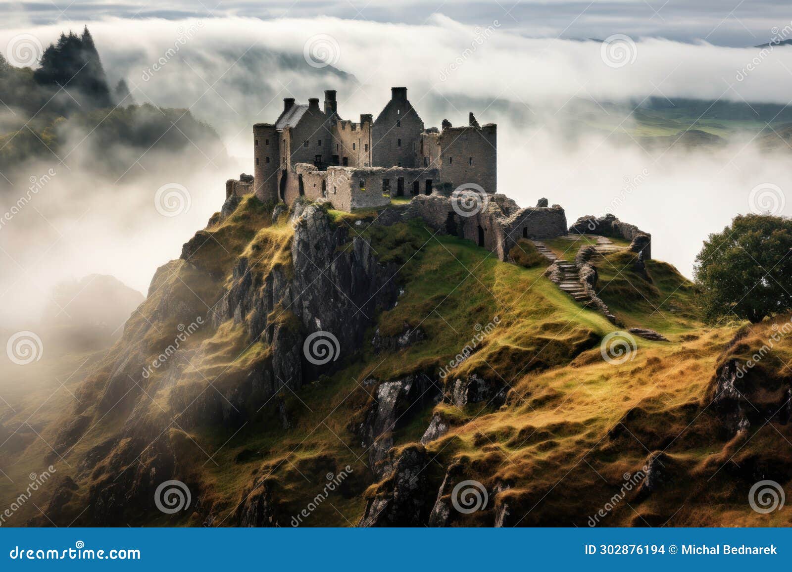 Ancient Castle Amid Rolling Hills Shrouded in Mist Stock Illustration ...