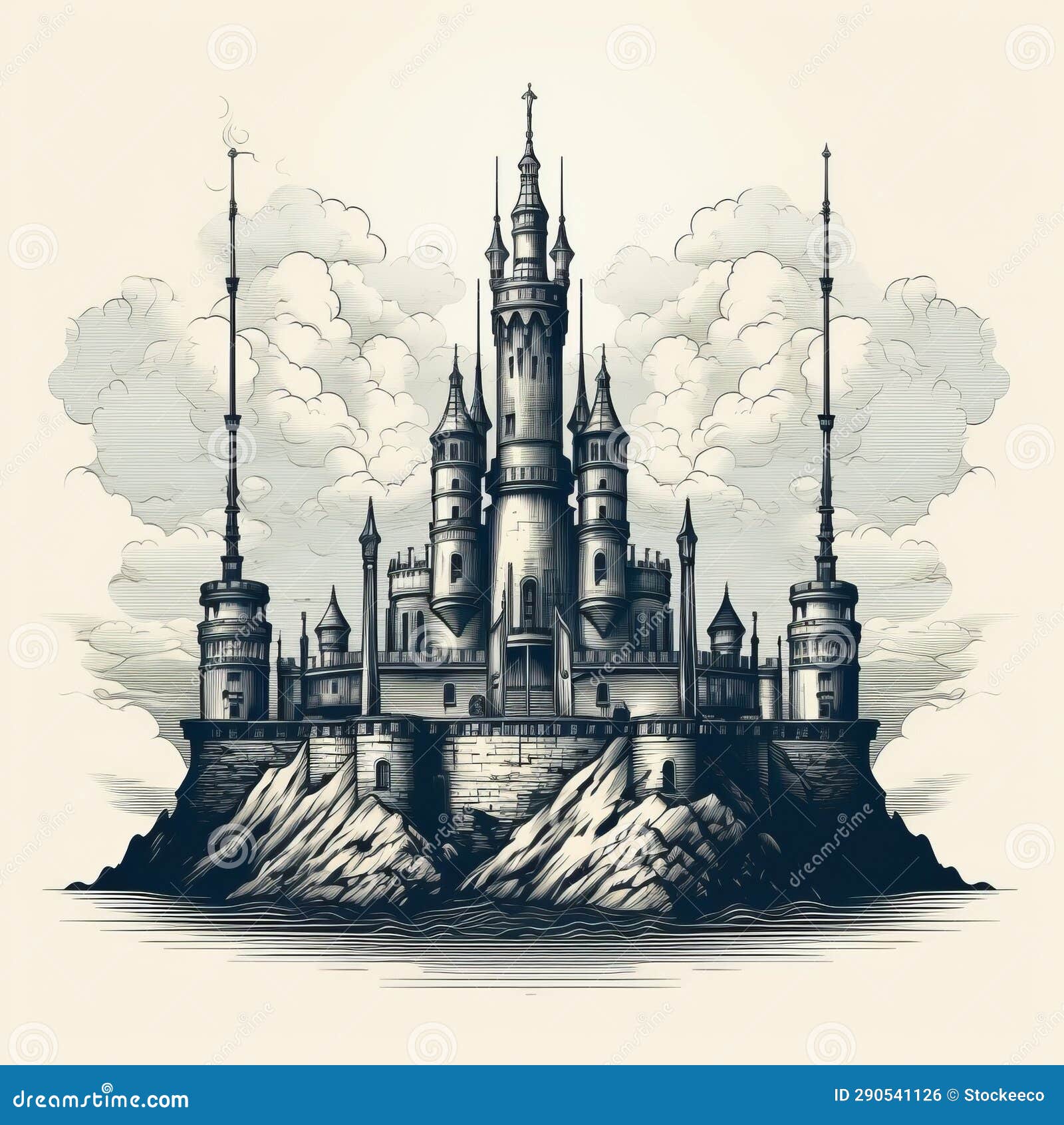 Fantasy Castle on Island: Detailed Ink Illustration with Symmetry and ...