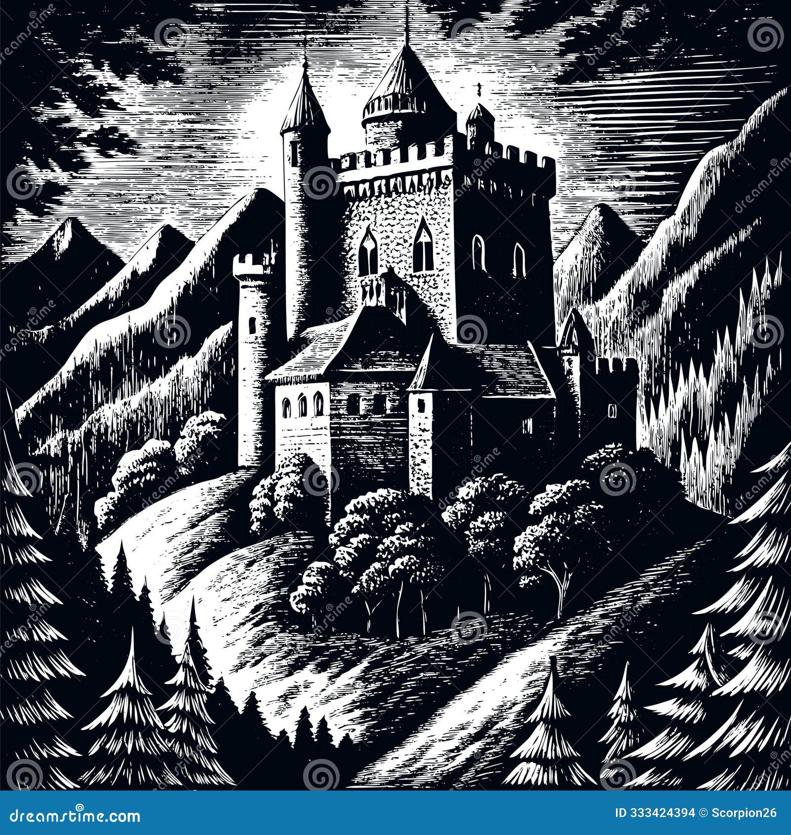 Ancient Castle Engraved Vector Stock Photo - Image of historical, house ...