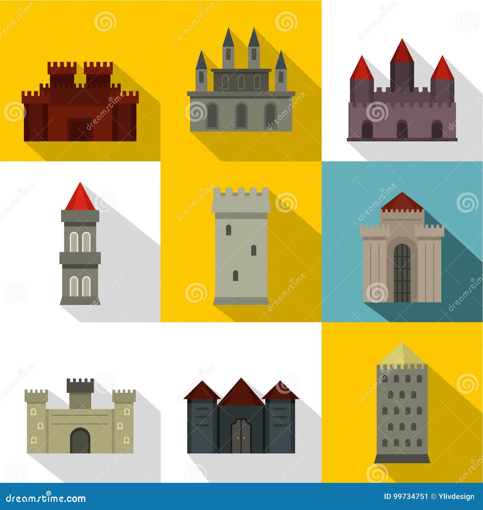 Ancient Castle Icon Set, Flat Style Stock Vector - Illustration of ...