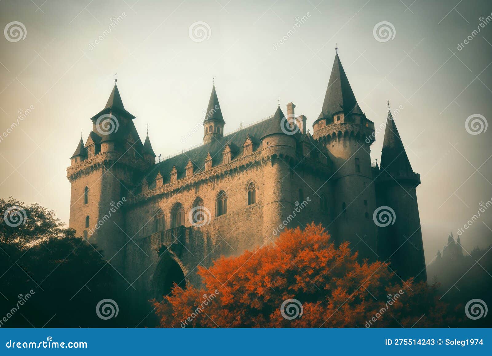 An Ancient Castle in a Misty Forest. Generative AI Stock Illustration ...