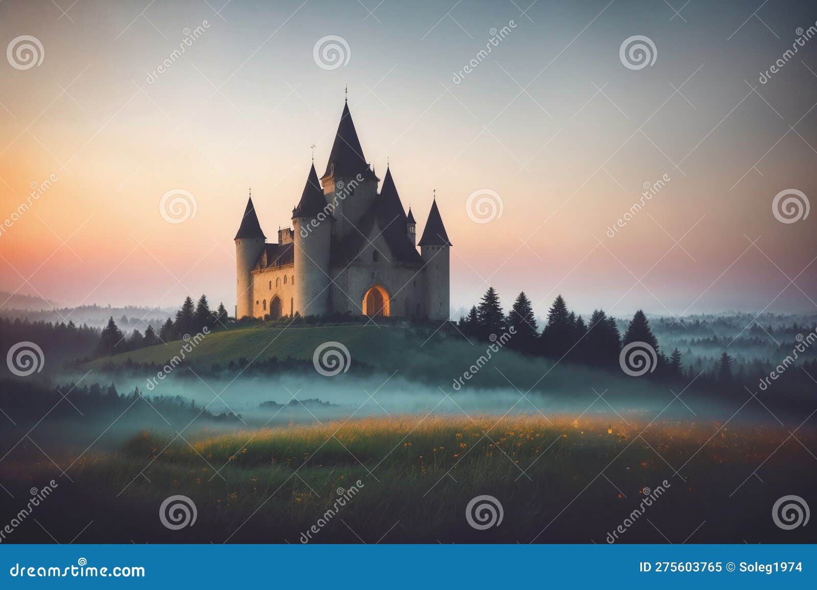 An Ancient Castle in a Misty Forest. Generative AI Stock Illustration ...