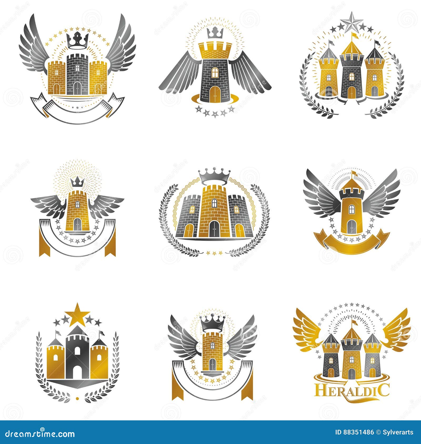 Ancient Castles Emblems Set. Heraldic Coat of Arms Decorative Lo Stock ...
