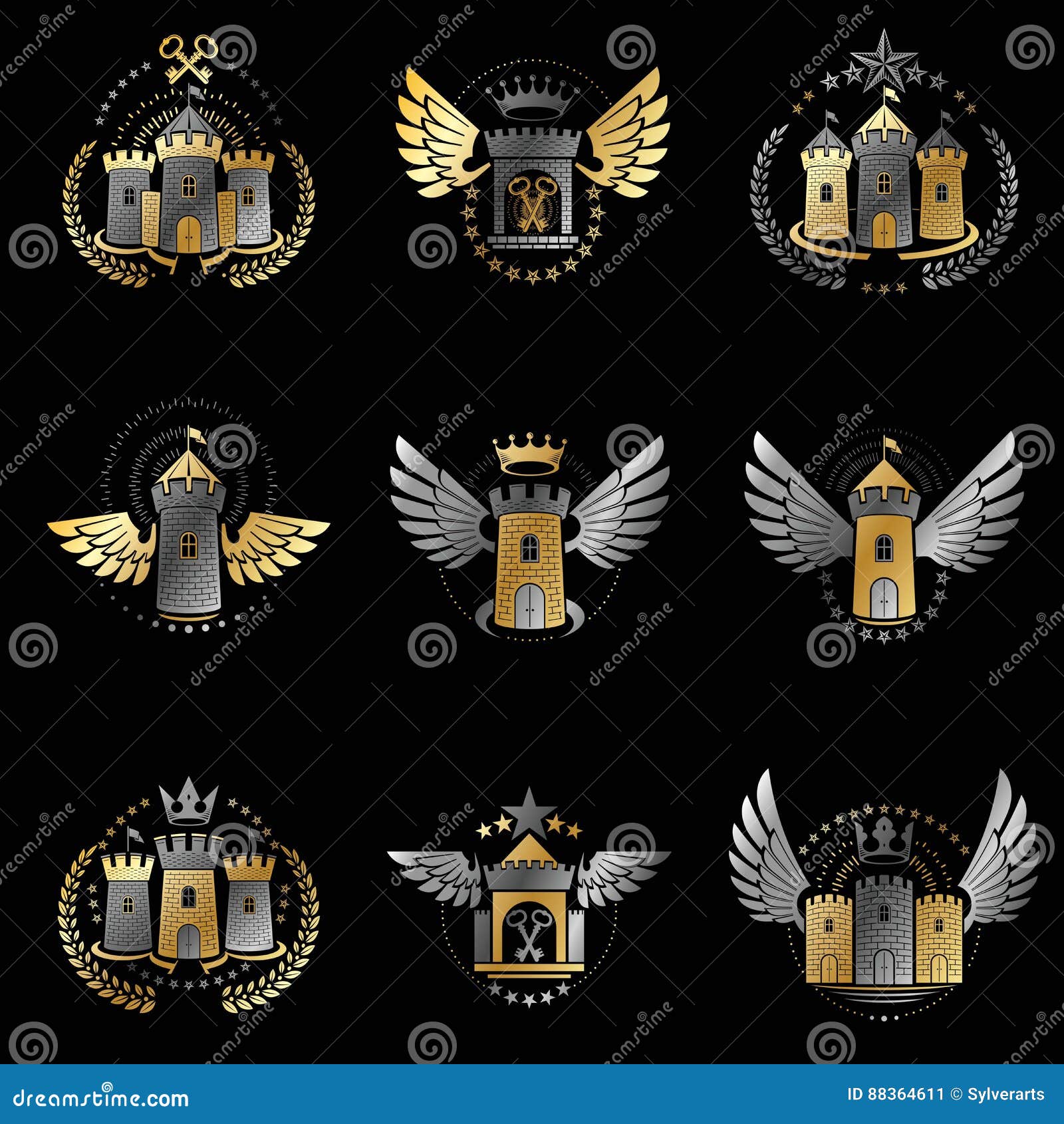Ancient Castles Emblems Set. Heraldic Coat of Arms Decorative Lo Stock ...