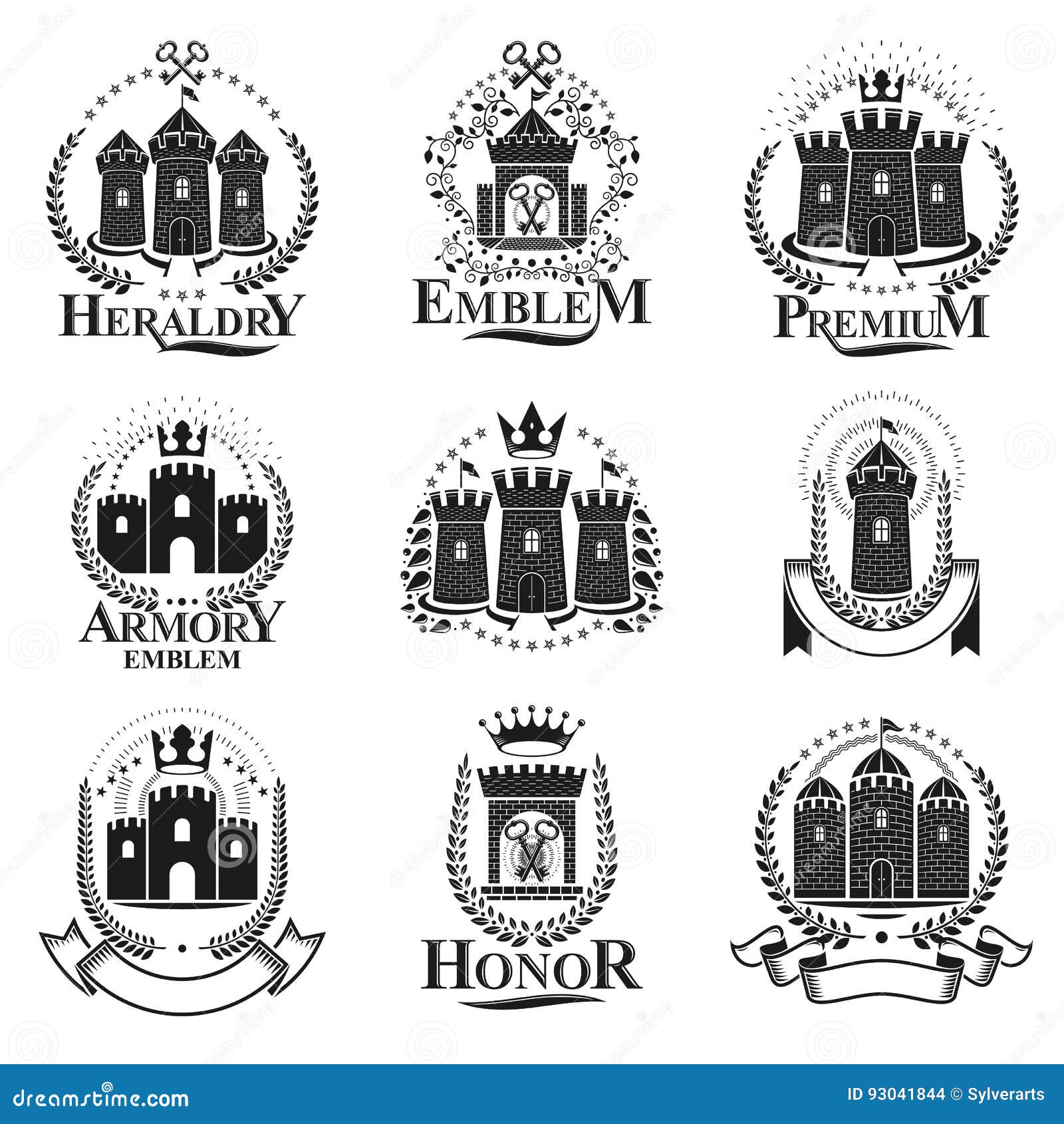 Ancient Castles Emblems Set. Heraldic Coat of Arms Decorative Lo Stock ...