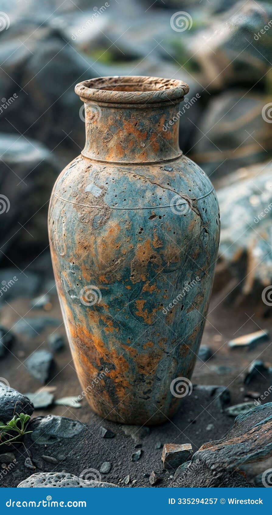 Ancient Ceramic Vase with a Weathered Texture Placed among Rocks in an ...