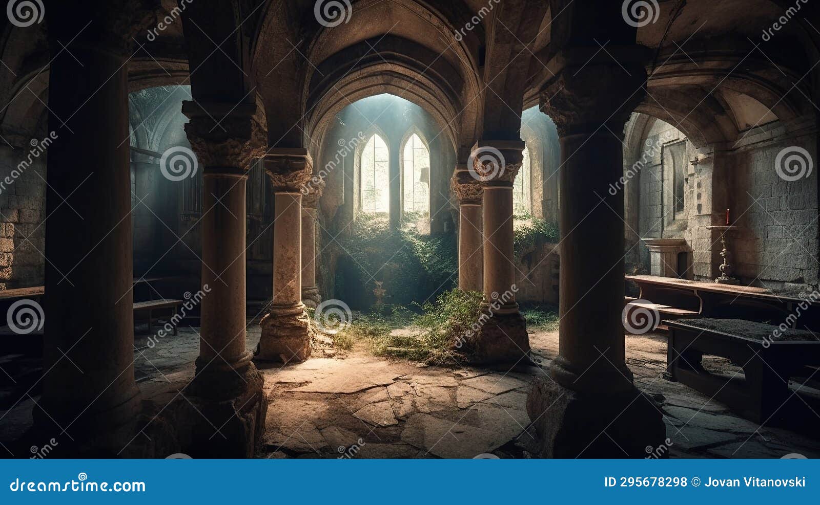 Ancient Chapel Interior with Dim Light Stock Illustration ...