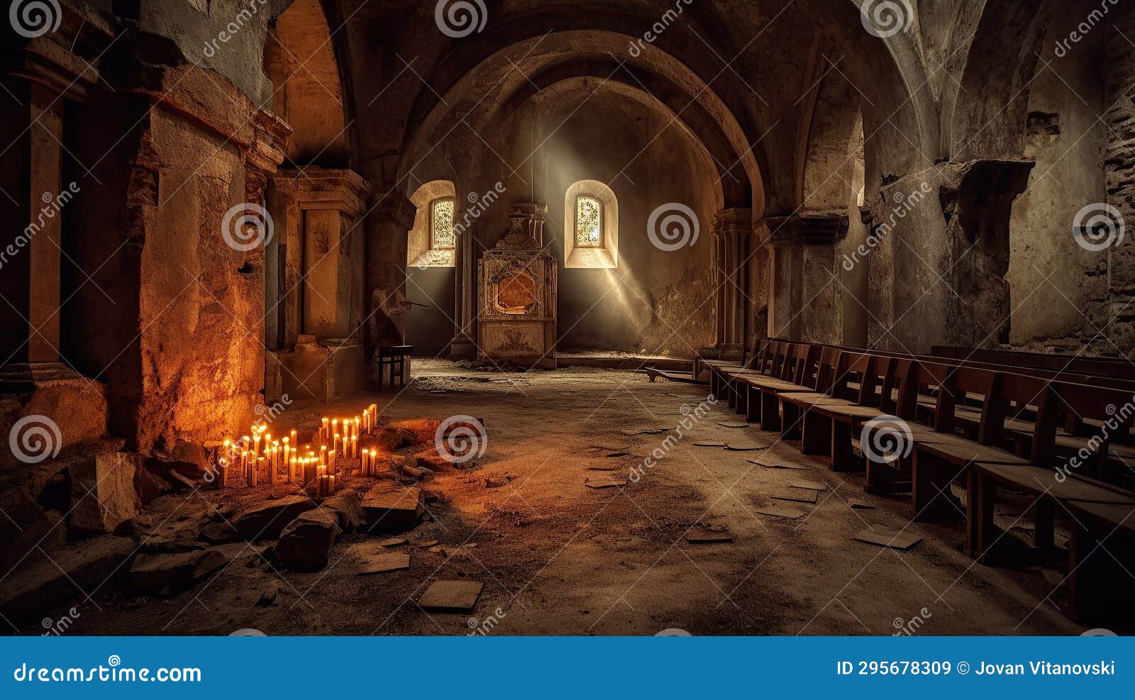 Ancient Chapel Interior with Dim Light Stock Illustration ...