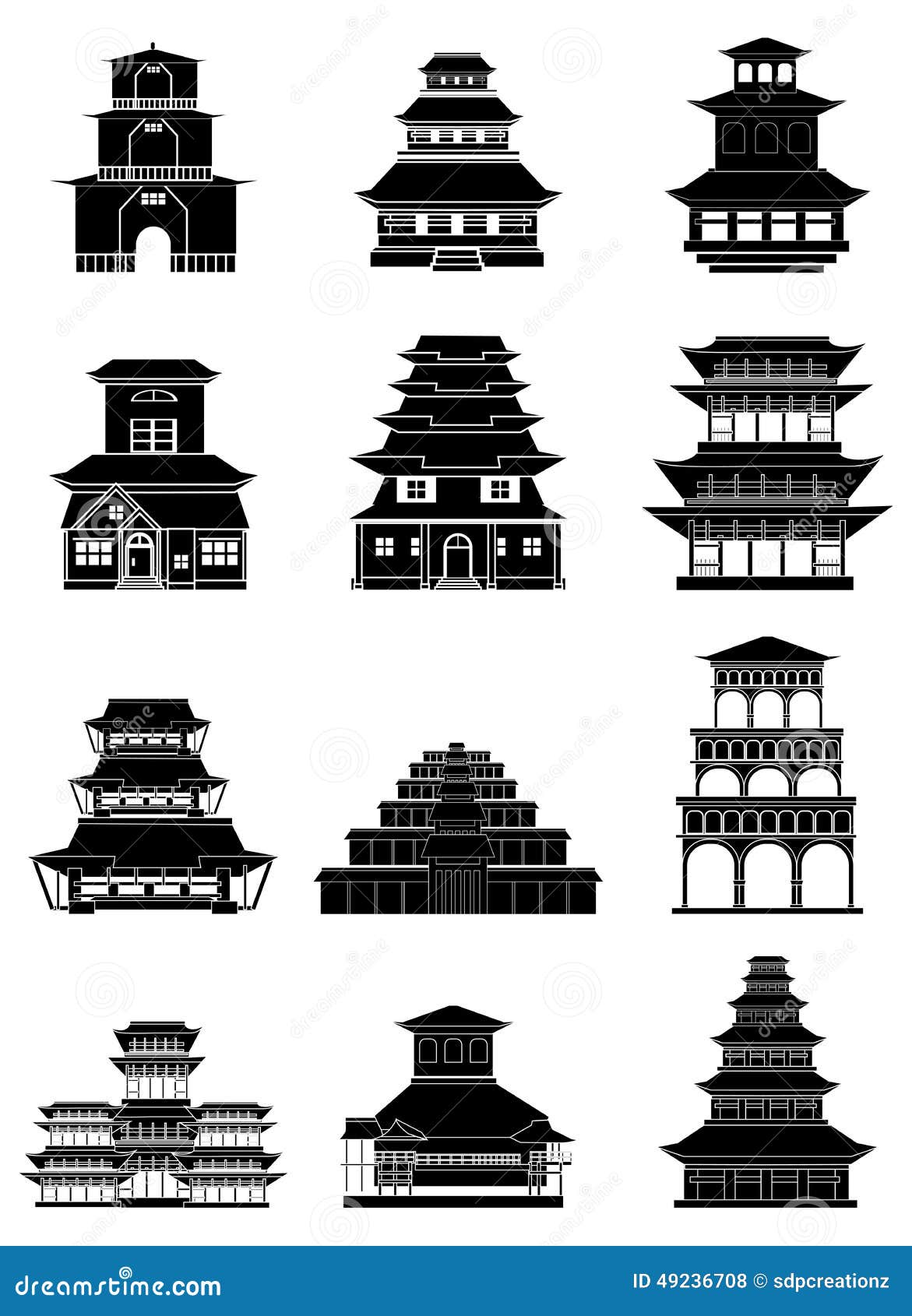 Ancient Chinese Buildings Icons Set Stock Vector - Illustration of ...