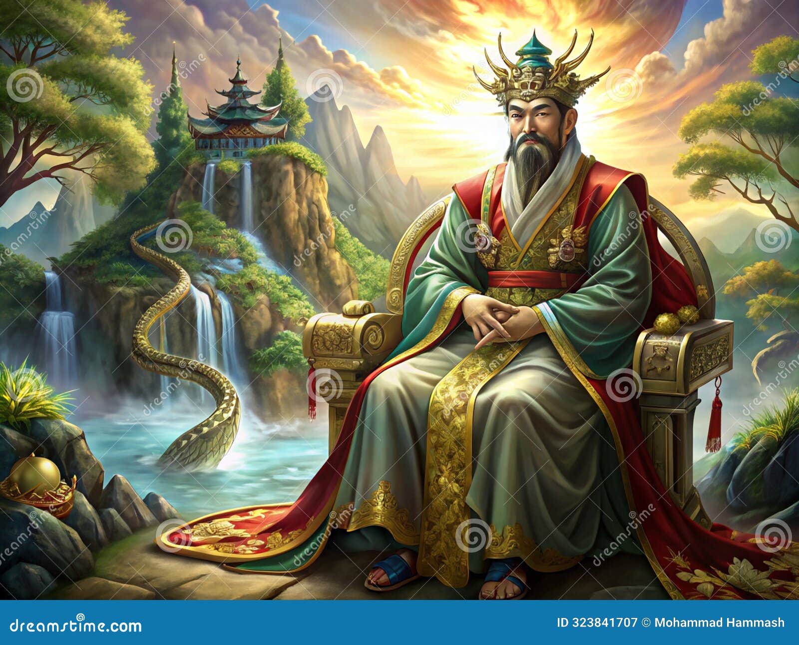 Ancient Chinese Emperor on Throne in Fantasy Setting Stock Vector ...